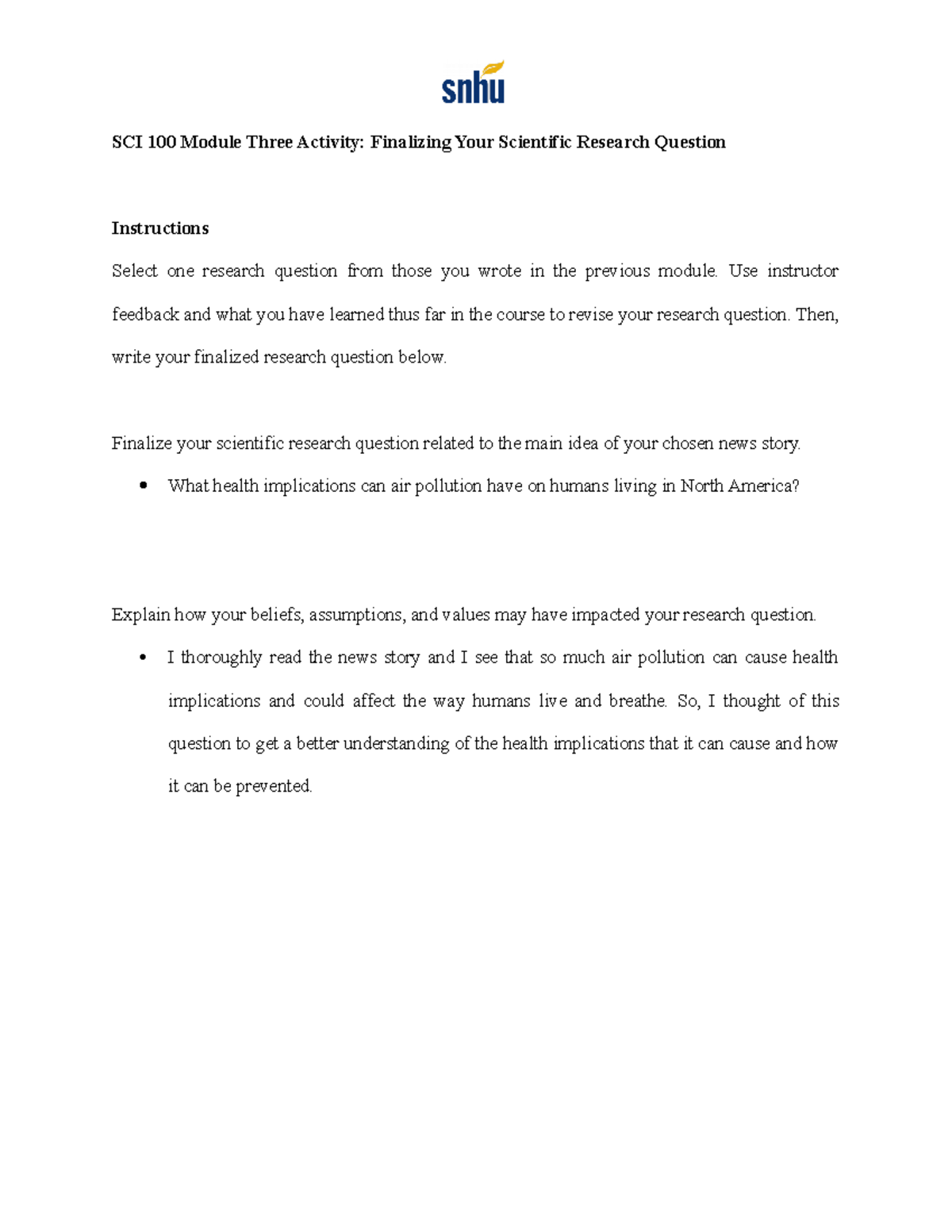 SCI 100 Module Three Activity - Use instructor feedback and what you ...