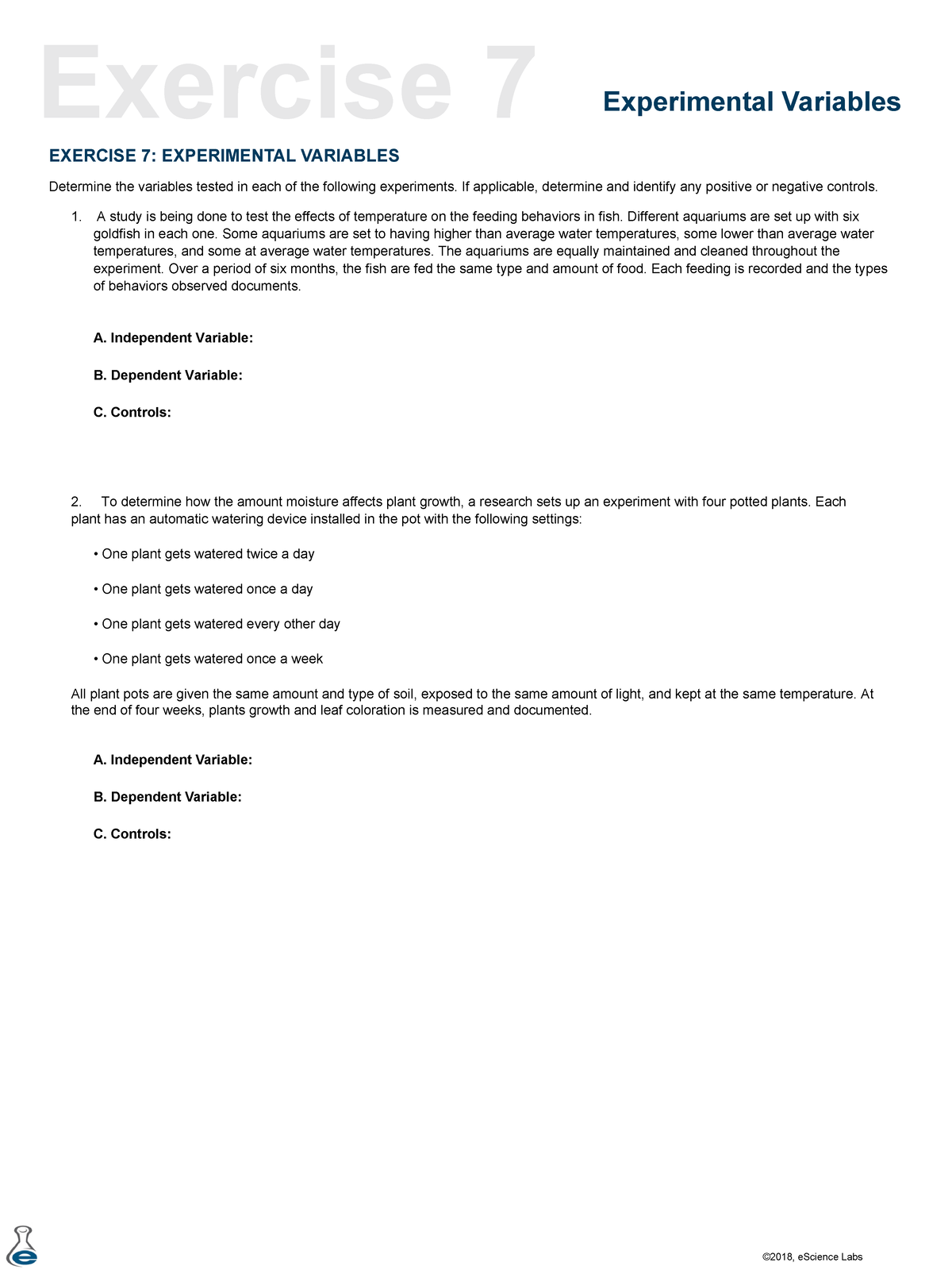 Lab number 1 - Exercise 7 - Introduction to Science Exercise 7 Experimental Variables EXERCISE 7 ...