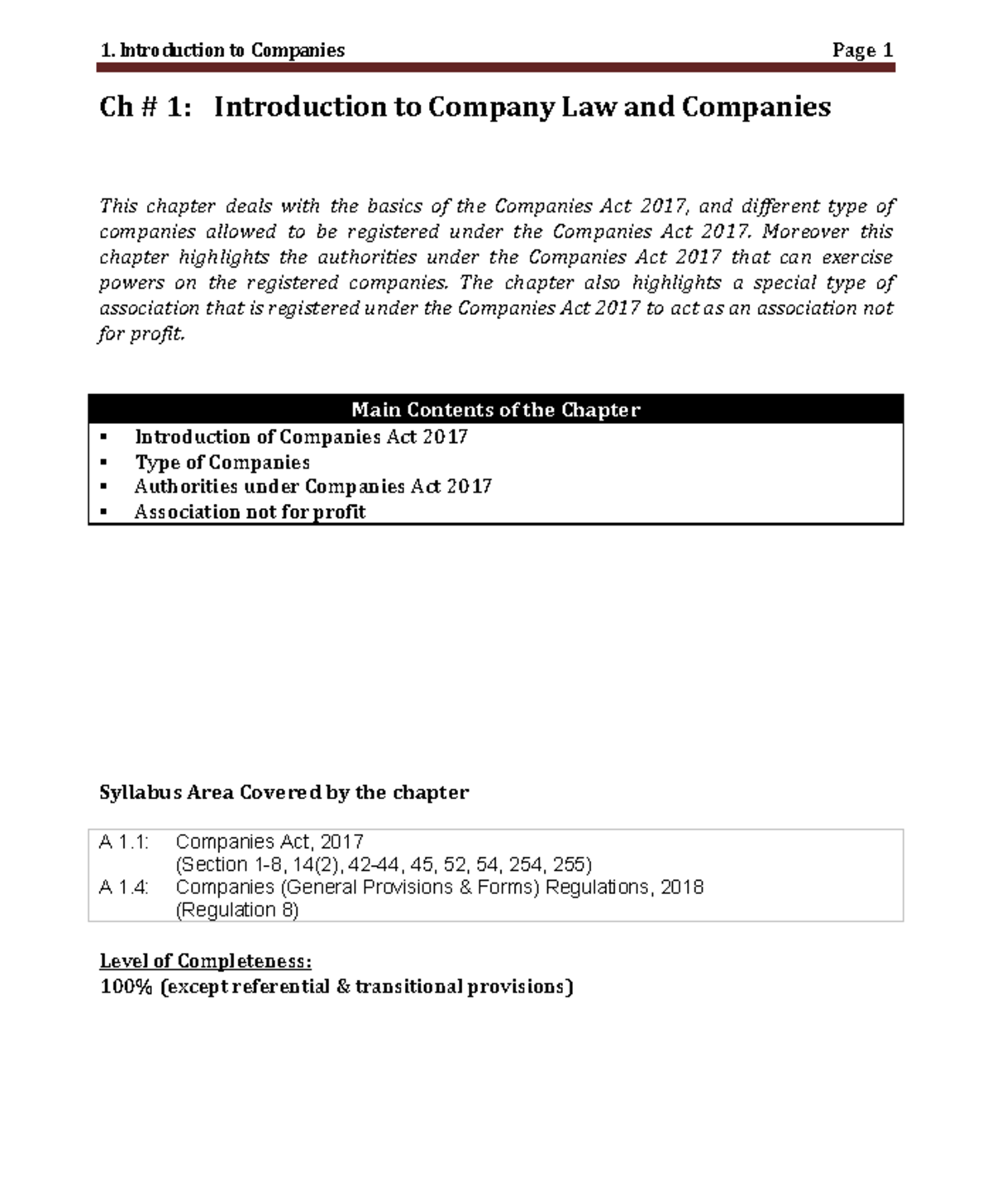 Ch 1 - thanks - Ch # 1: Introduction to Company Law and Companies This ...