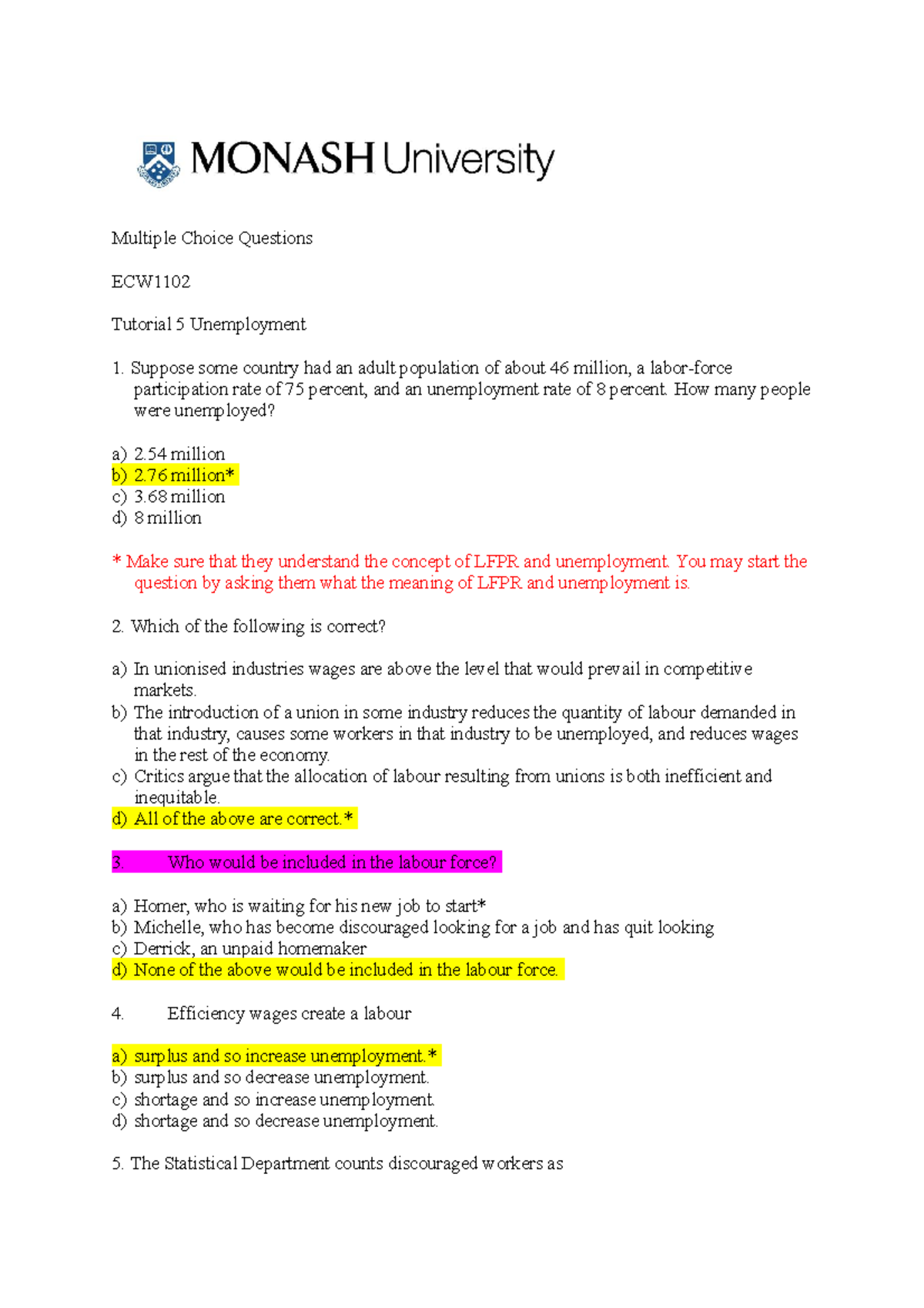 Tutorial 4 - Multiple Choice Questions ECW Tutorial 5 Unemployment ...