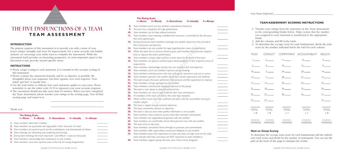 Five Dysfunctions Team Assessment - THE FIVE DYSFUNCTIONS OF A TEAM T E ...