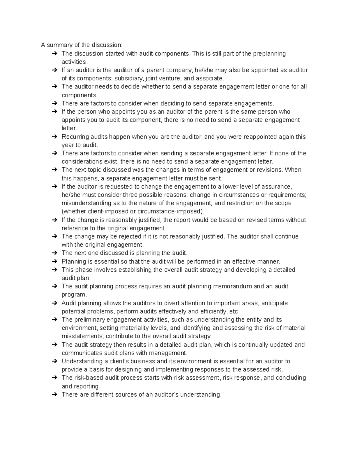 Summary of Audit Planning Lecture - A summary of the discussion: The ...