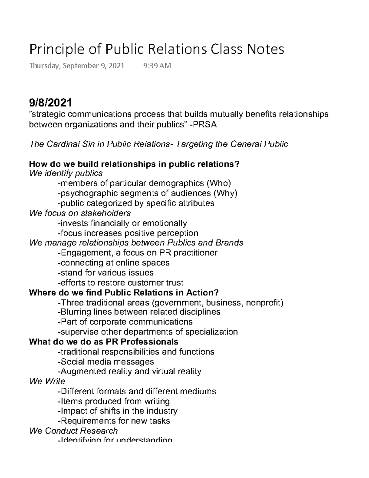 Principle of Public Relations Class Notes - 9/8/ ”strategic ...