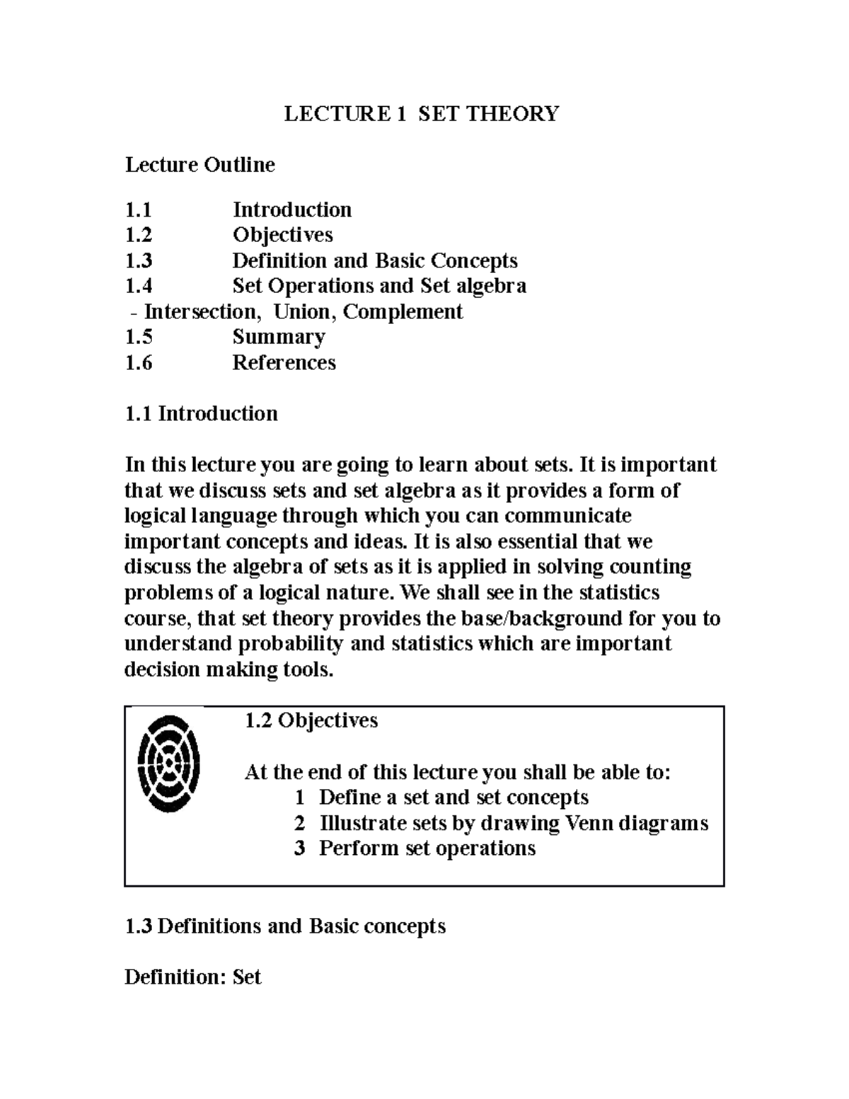 Lecture 1 mathematics notes university of Nairobi - LECTURE 1 SET ...