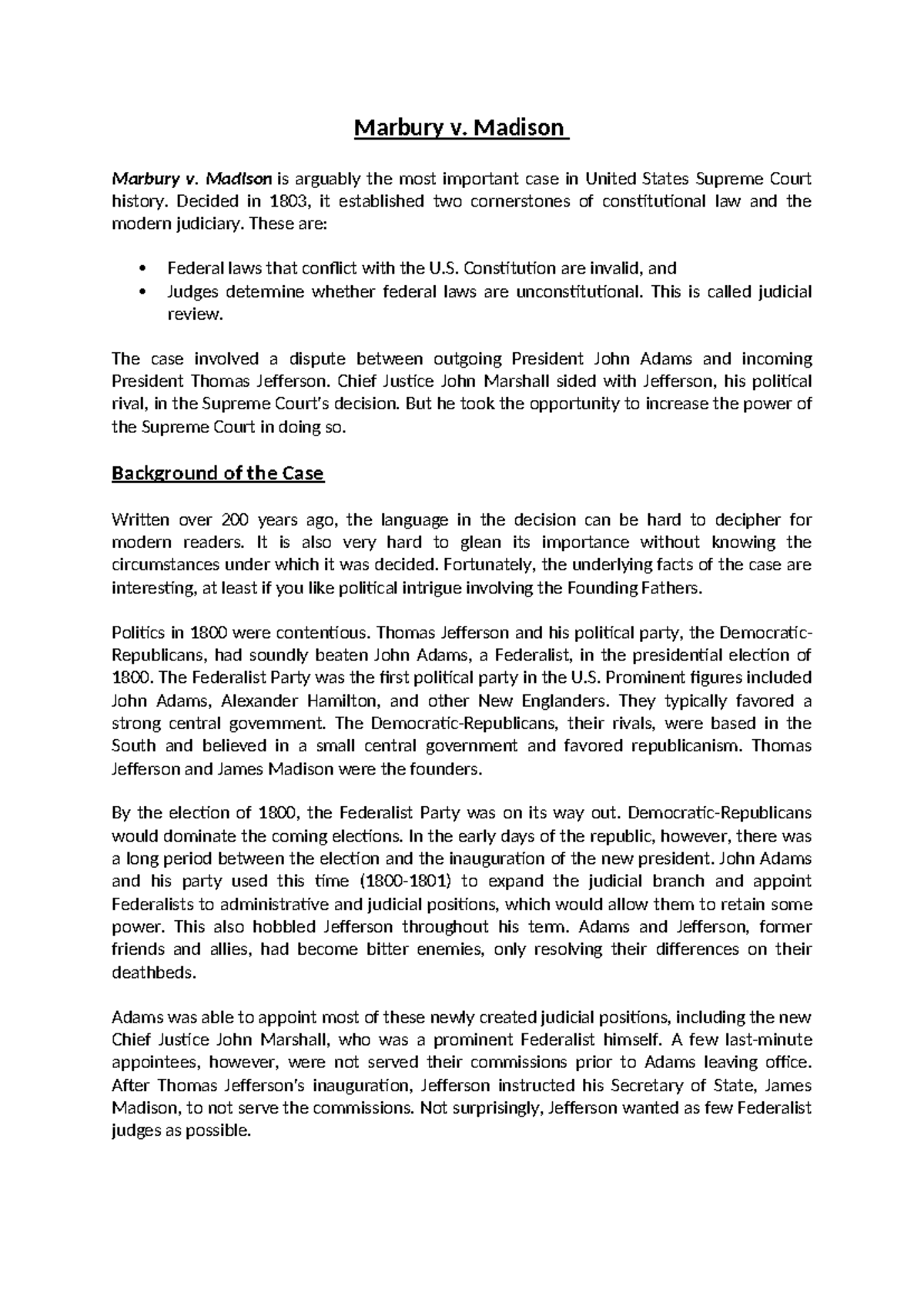 Marbury v Madison - Notes - Marbury v. Madison Marbury v. Madison is ...