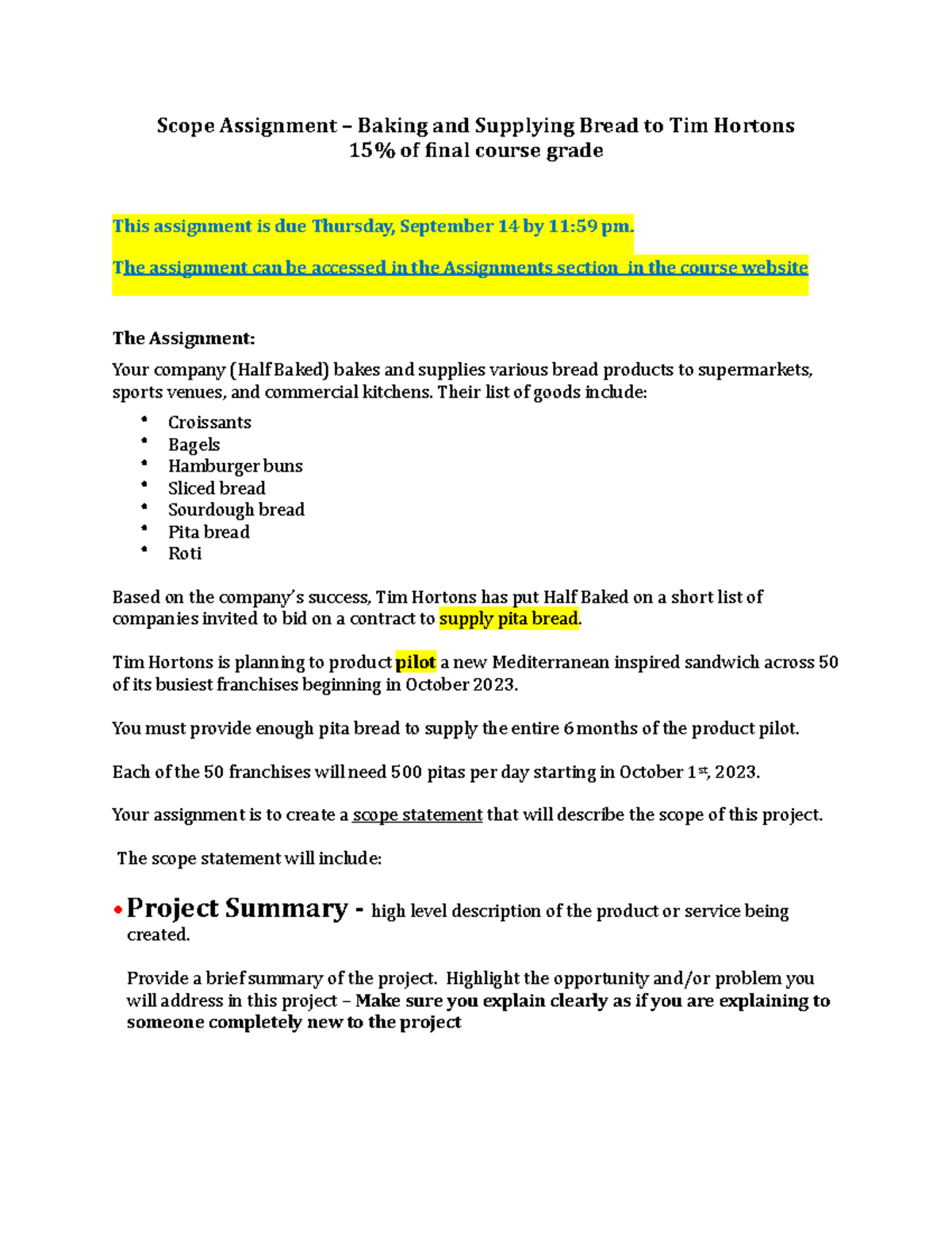 Class 1 - Assignment 1 - Bakery Scope Statement v3 - Scope Assignment – Baking and Supplying ...