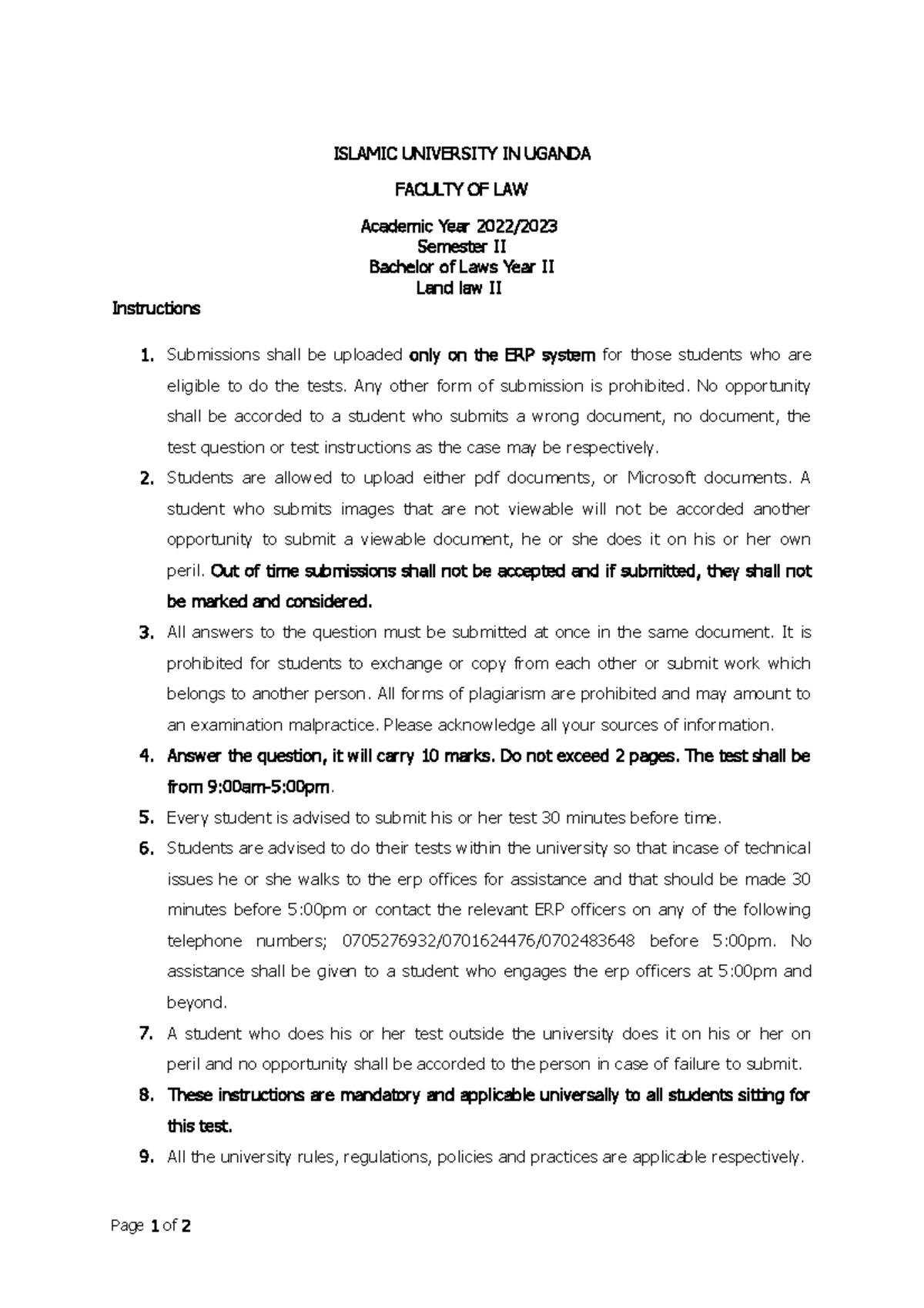 9726 land law II - Good - ISLAMIC UNIVERSITY IN UGANDA FACULTY OF LAW ...