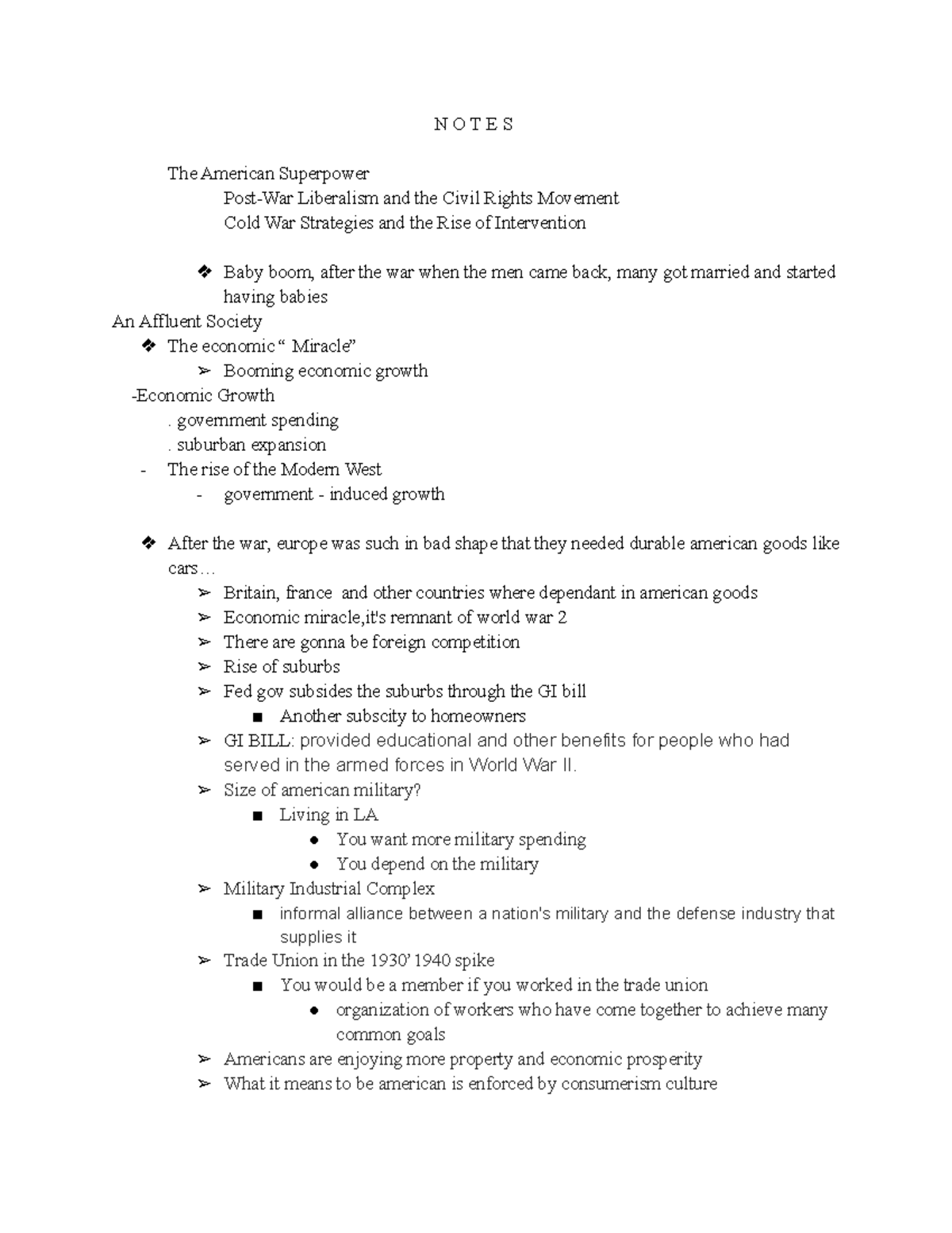 History 118 notes 02 5 19 - N O T E S The American Superpower Post-War ...