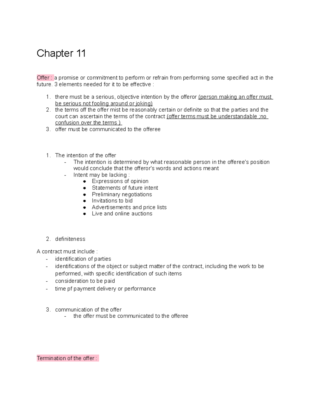 LAW Chapter 11 Notes - Chapter 11 Offer : a promise or commitment to ...