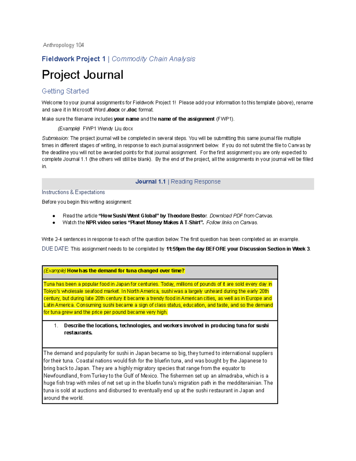 FWP1 - Field work 1 assignment - Anthropology 104 Fieldwork Project 1 ...