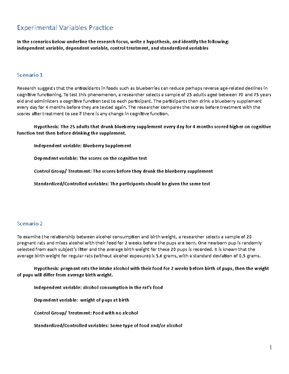 Research Case Studies BIOL 110 - Experimental Variables Practice In the ...