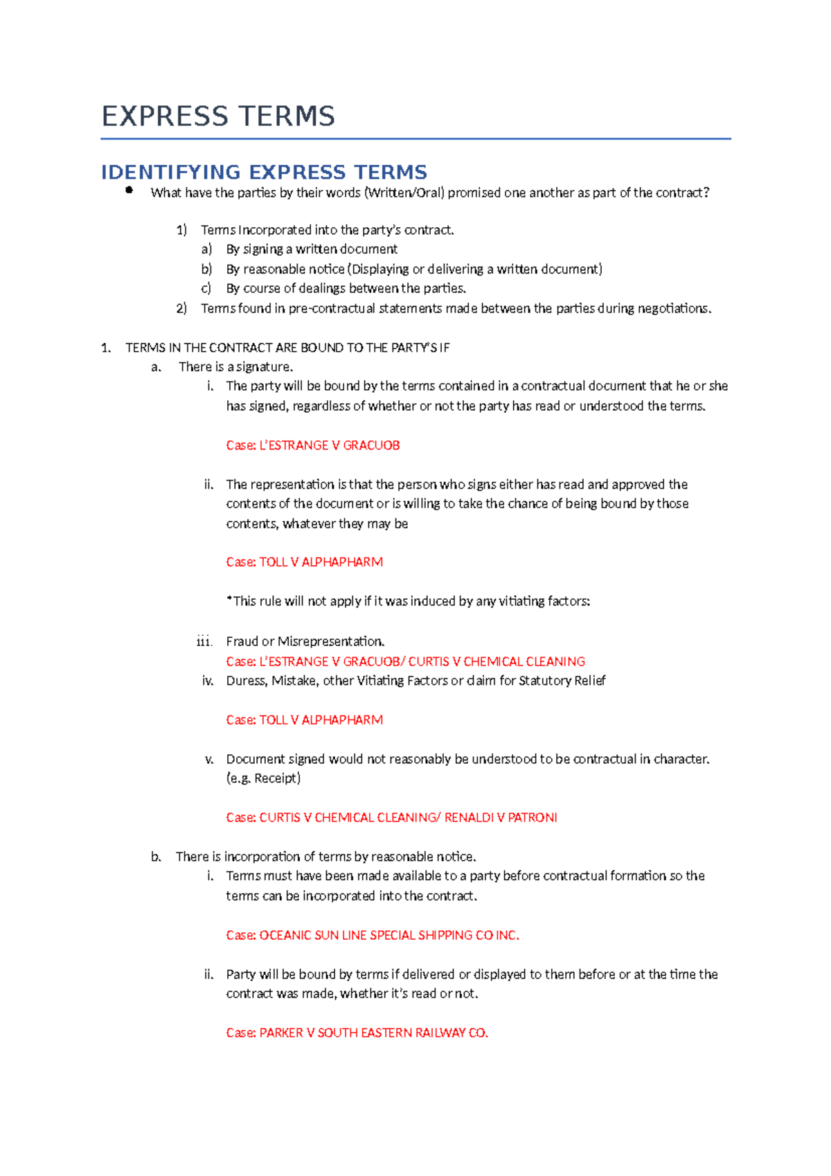 Contract notes - EXPRESS TERMS IDENTIFYING EXPRESS TERMS What have the ...