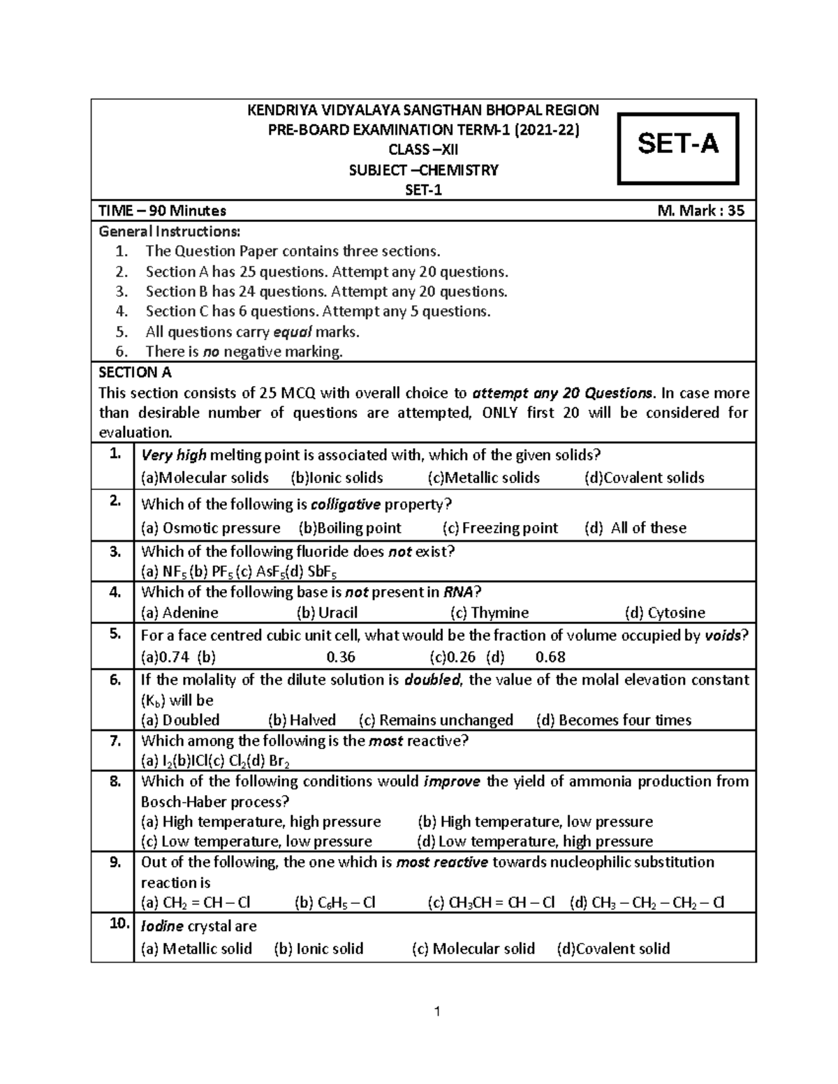 Chemistry Sample Ppr - KENDRIYA VIDYALAYA SANGTHAN BHOPAL REGION PRE ...