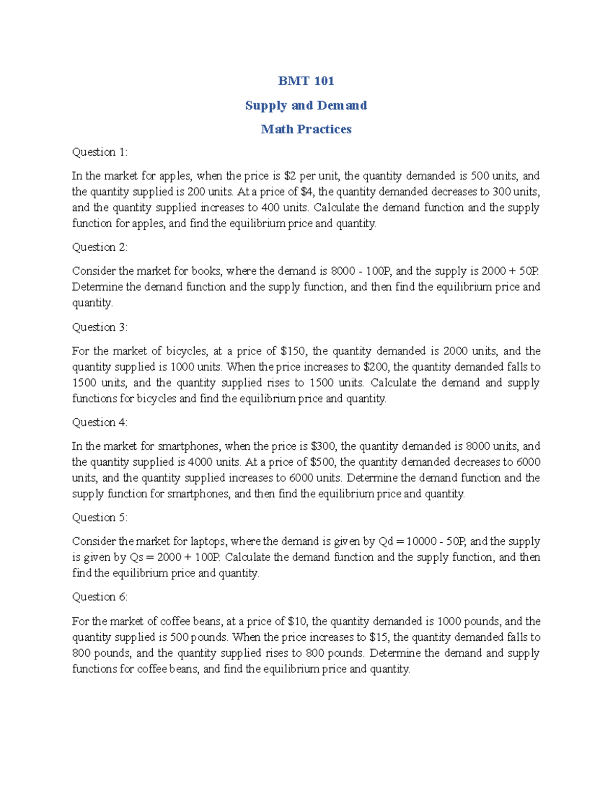 BMT 101 Math Practices - BMT 101 Supply and Demand Math Practices ...