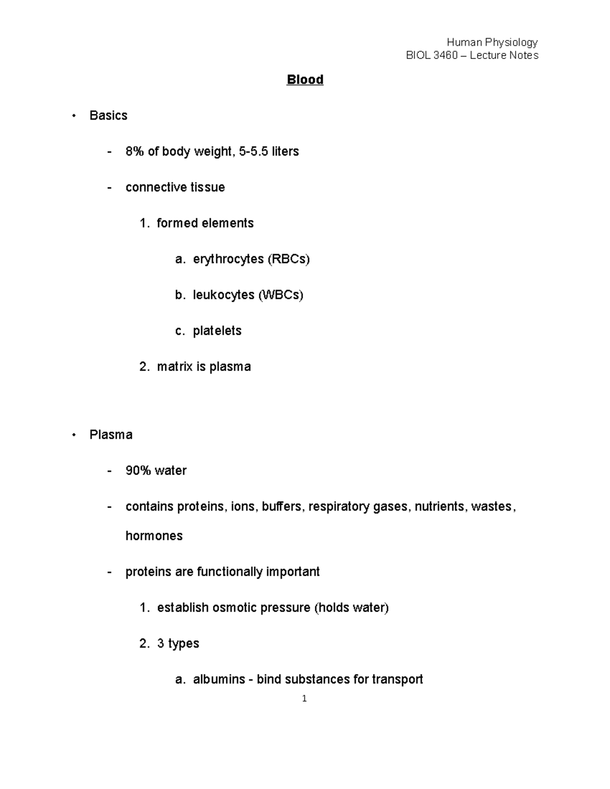 2021-BIOL- 3460- Human Physiology - Lecture-Notes- Blood- 10A - Blood ...