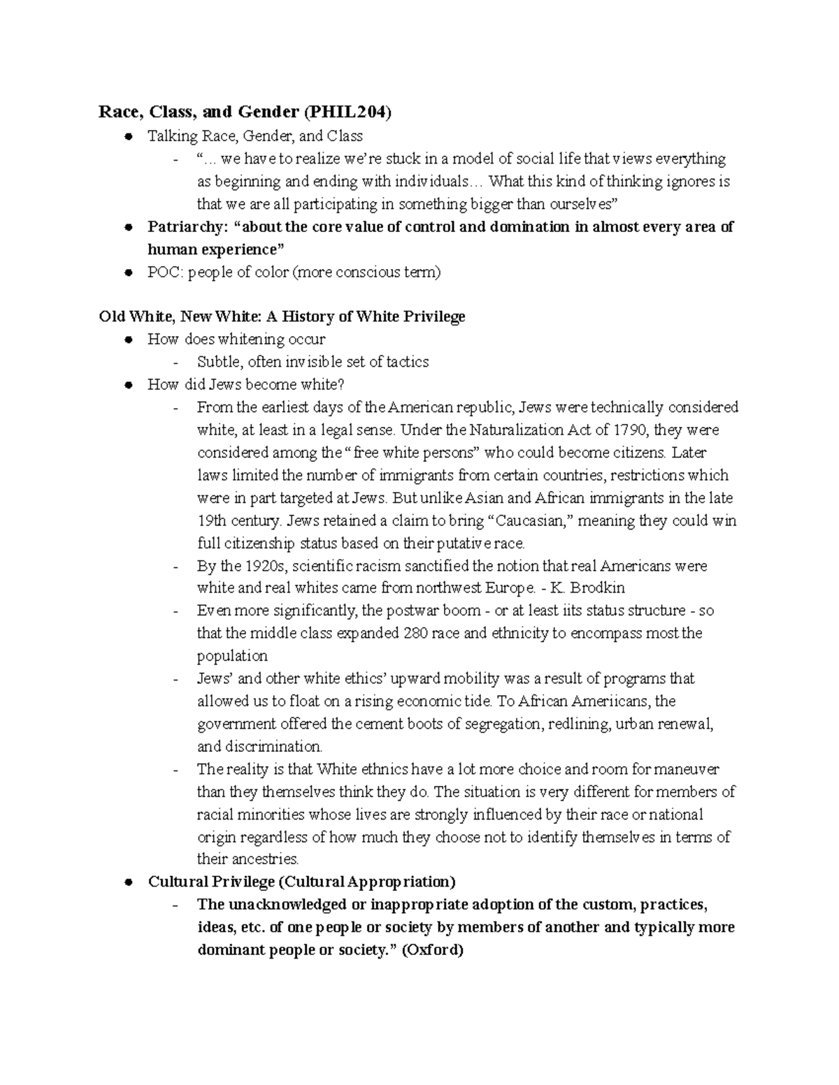 Race, Class, and Gender Notes (PHIL204) - Race, Class, and Gender ...