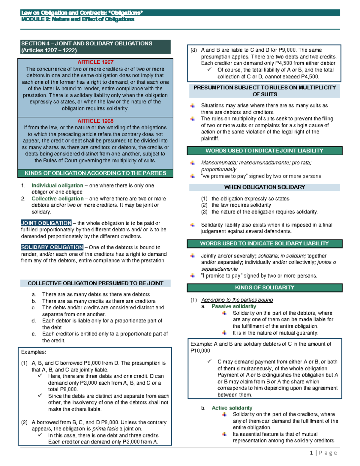 Arts. 1207 - 1222 (Law on Obligations and Contracts) - MODULE 2 : Nature and Effect of ...