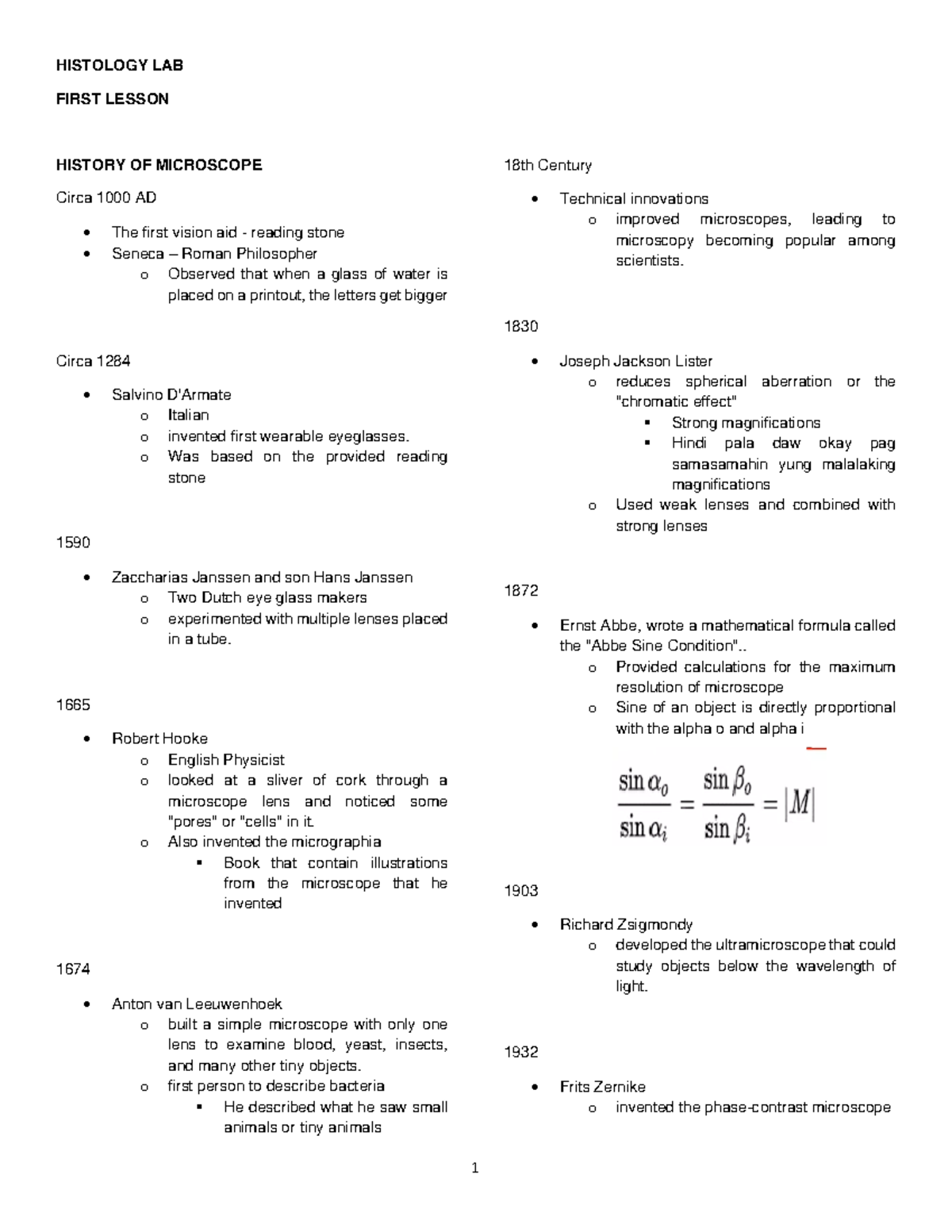 1st lesson - microscope - HISTOLOGY LAB FIRST LESSON HISTORY OF ...