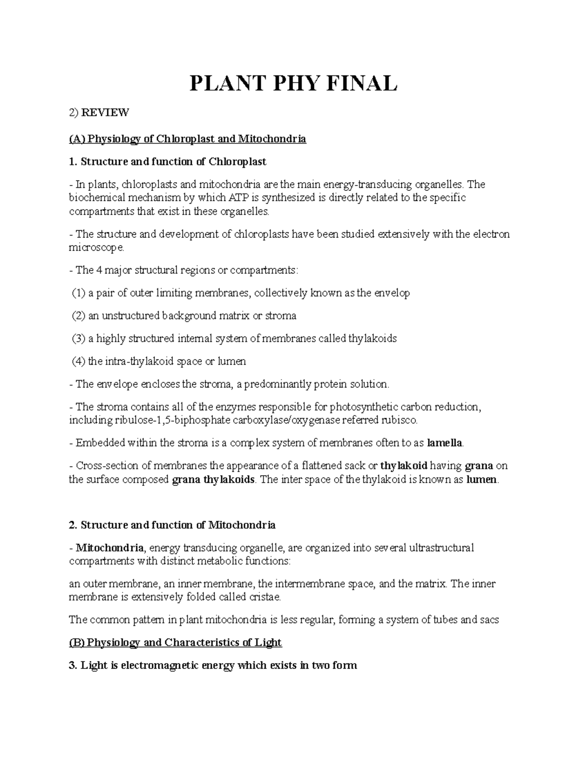 Final plant phy - PLANT PHY FINAL 2) REVIEW (A) Physiology of Chloroplast and Mitochondria ...