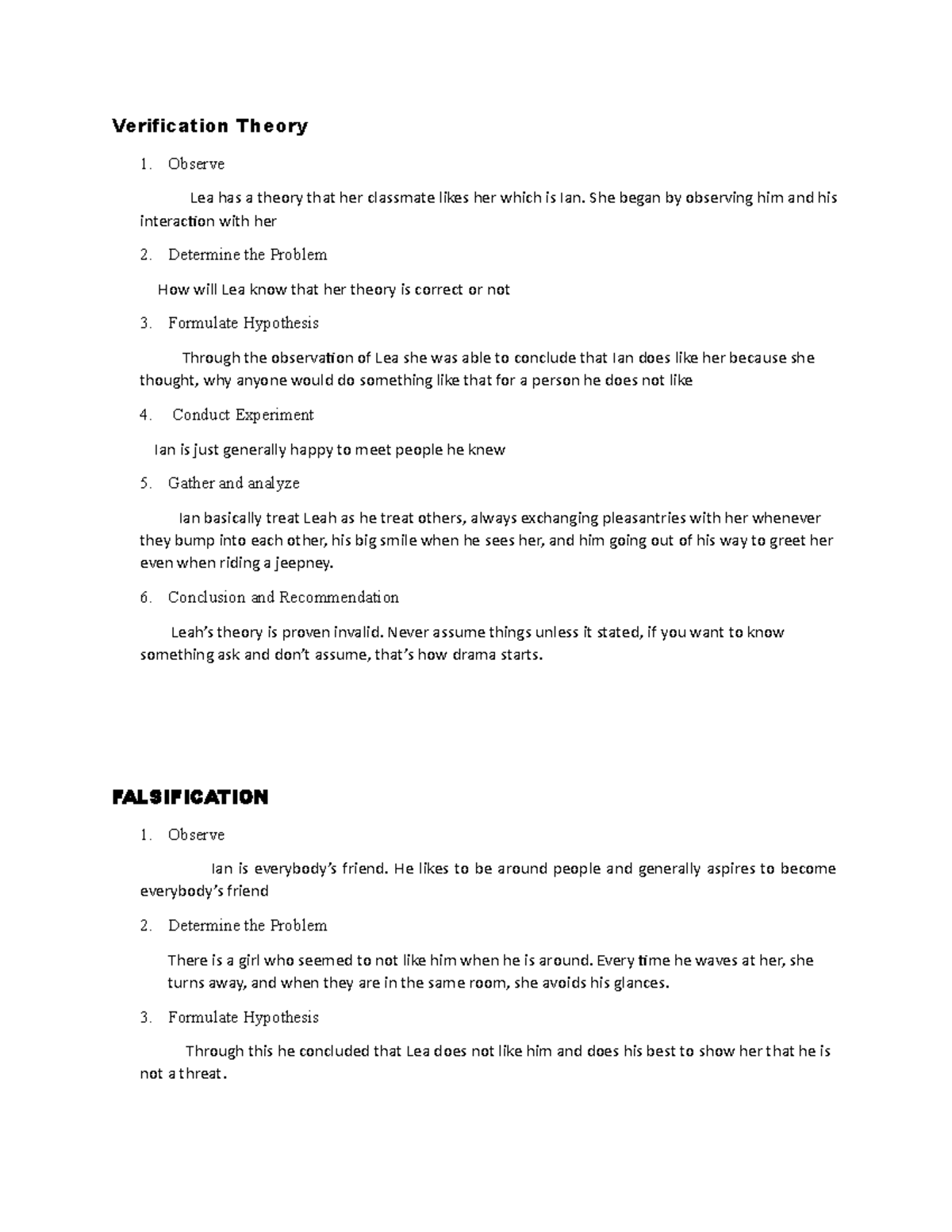 BSBA - Humanflourishing STS - Verification Theory Observe Lea has a ...