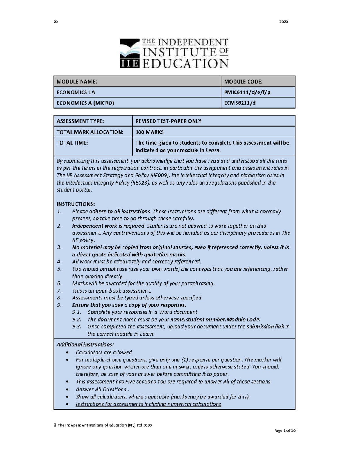 Module NAME Module CODE Economics 1A PMI - © The Independent Institute ...