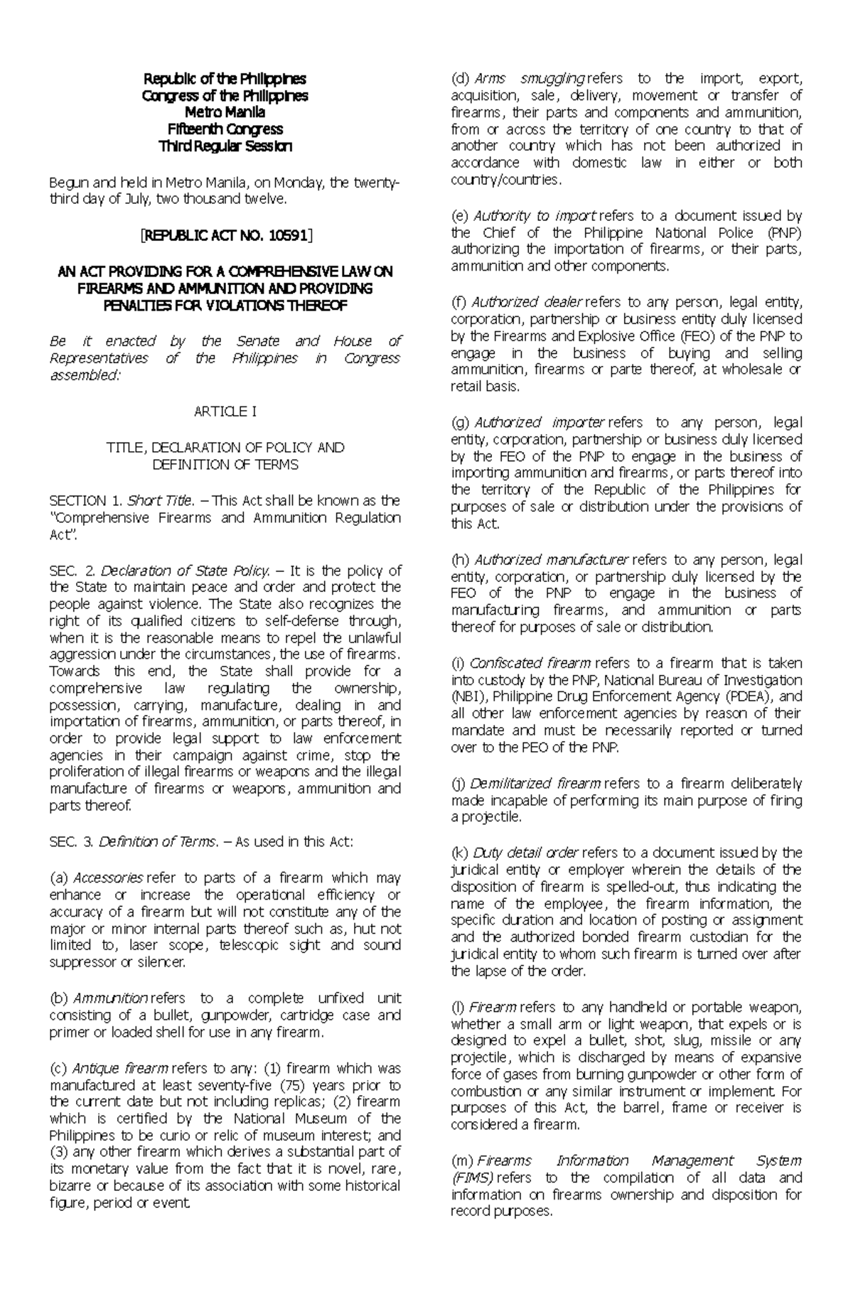 RA 10591 Firearms - law - Republic of the Philippines Co ngre ss of the ...