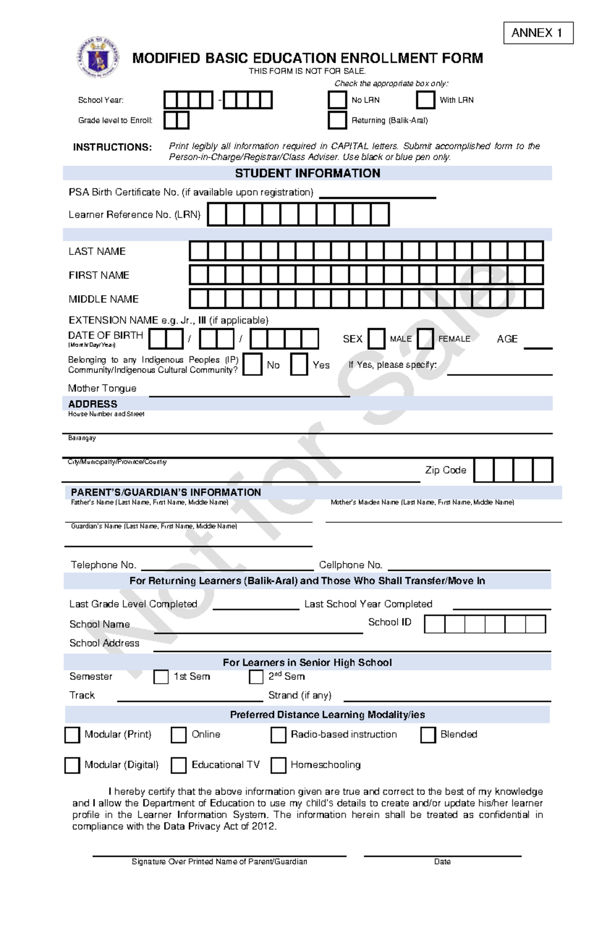 Modified Basic Education Enrollment Form - MODIFIED BASIC EDUCATION ...
