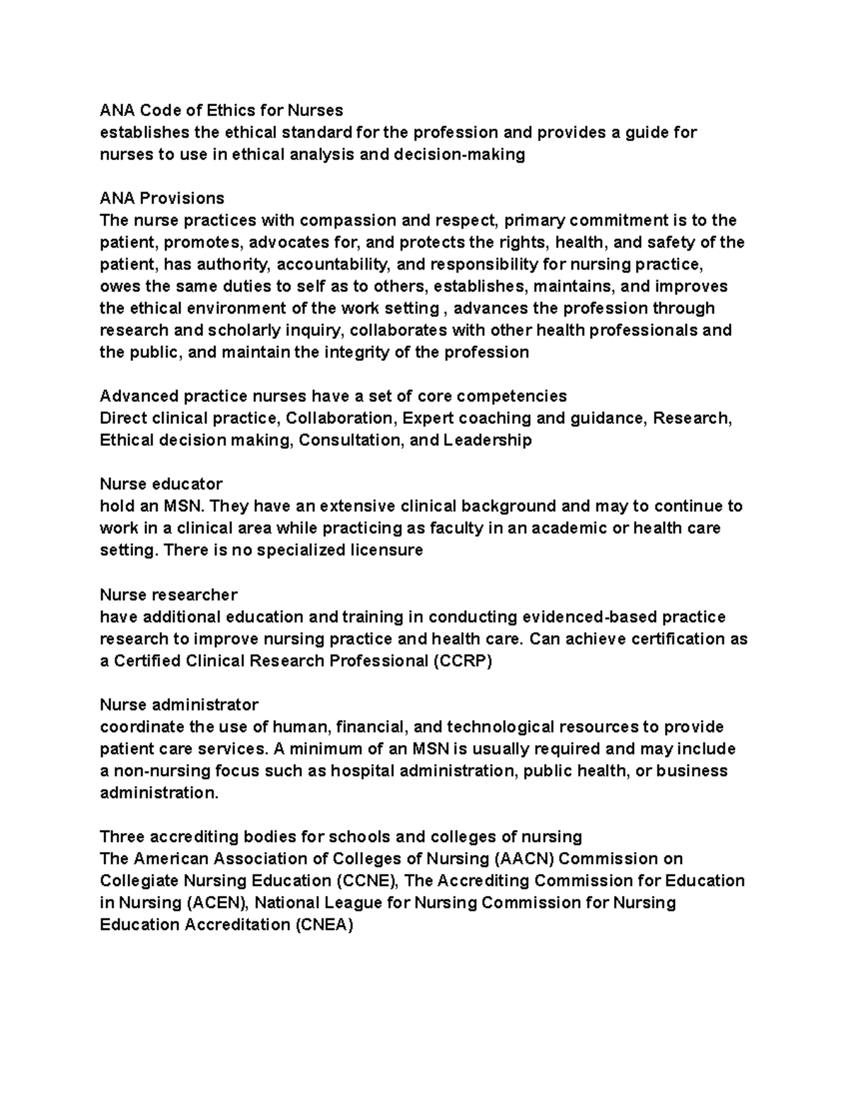 Nursing fundametals - ANA Code of Ethics for Nurses establishes the ...