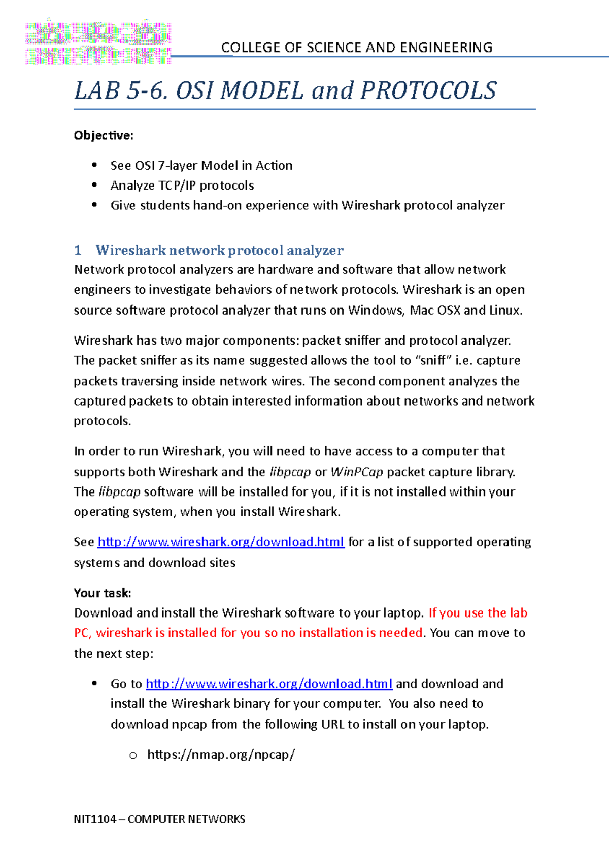 NIT1104 Lab56raman - Lab 5 & 6 - LAB 5-6. OSI MODEL and PROTOCOLS ...
