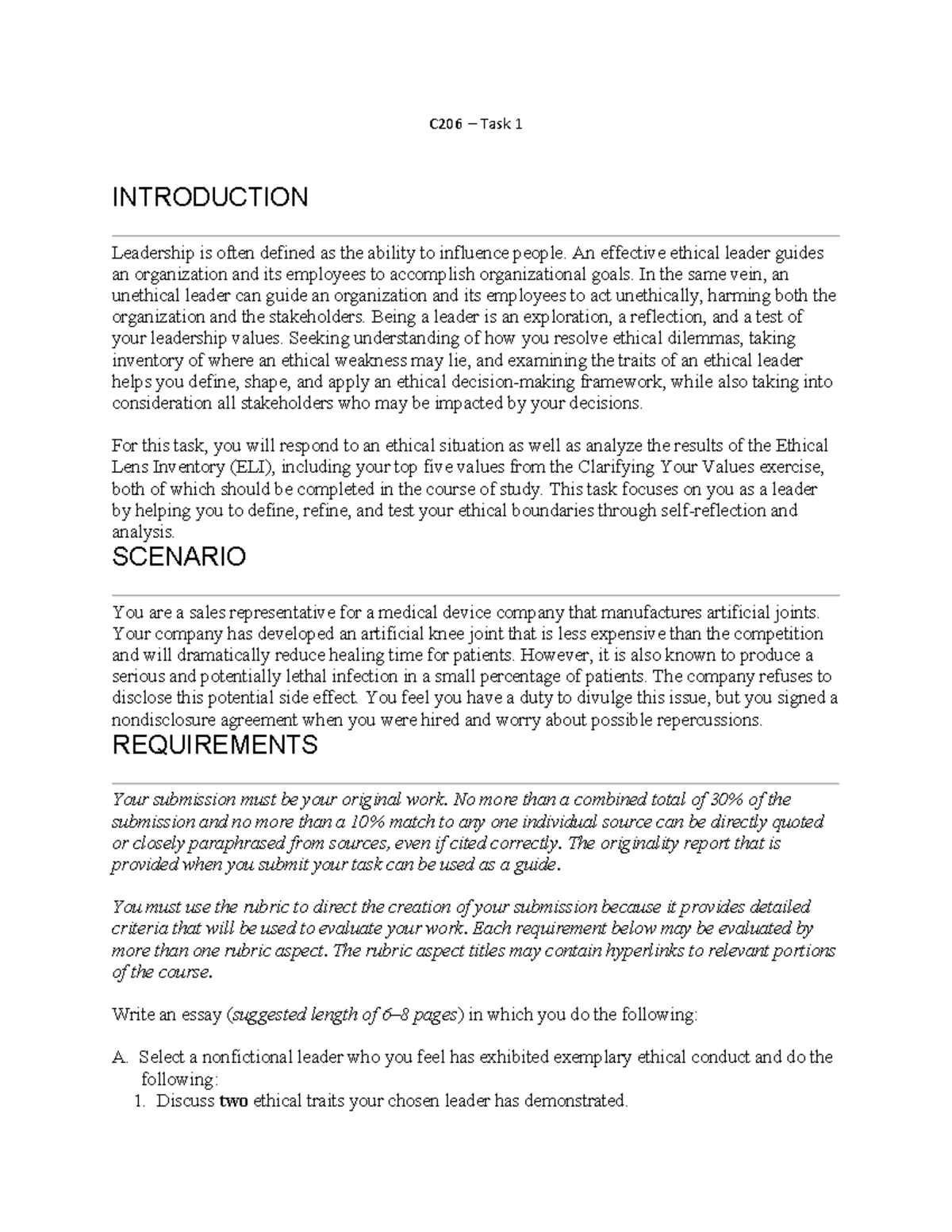 Ethical Leadership Assignment C206 - Task 1 - C206/VOT2 - WGU - Studocu