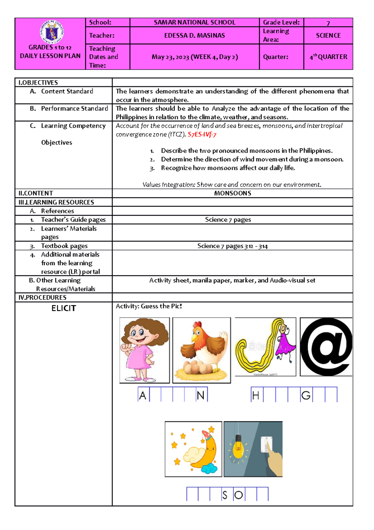 LP s CI 7 Q1 W6 - lesson plan in science grade 7 - GRADES 1 to 12 DAILY LESSON PLAN School ...