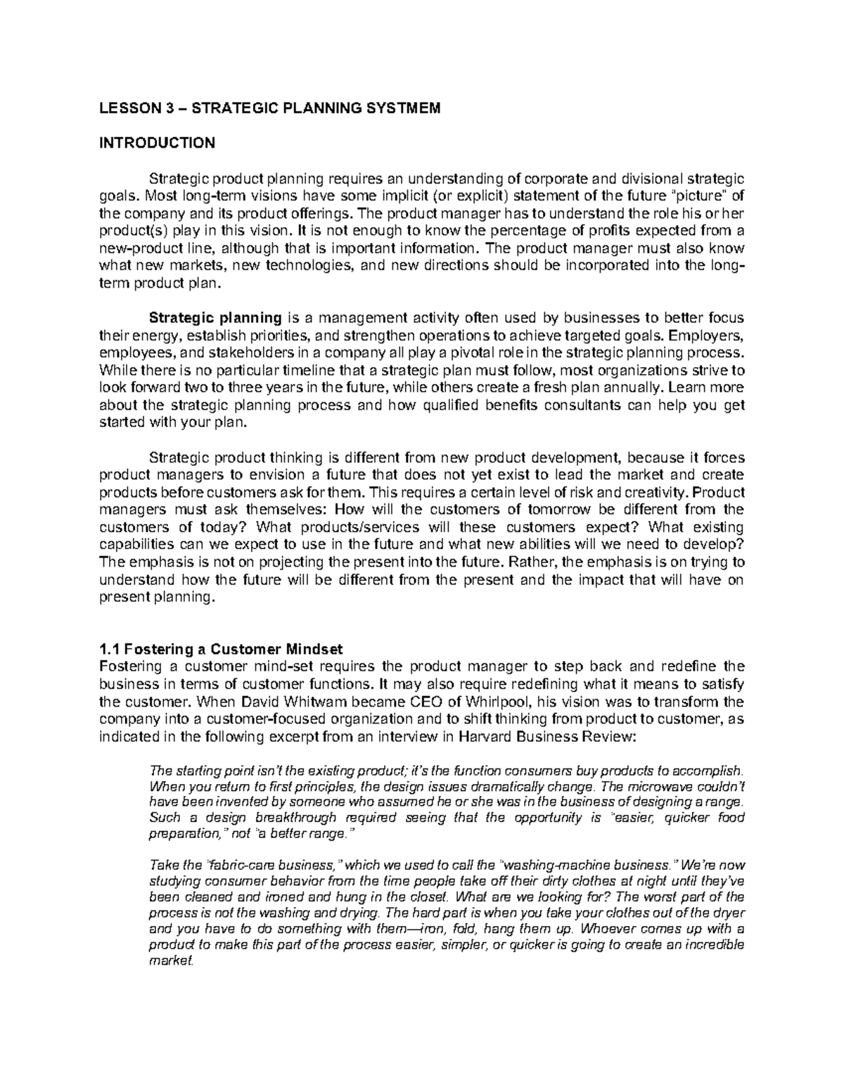 Lesson 3 - Strategic Planning System MARK 30063 - Strategic Management ...