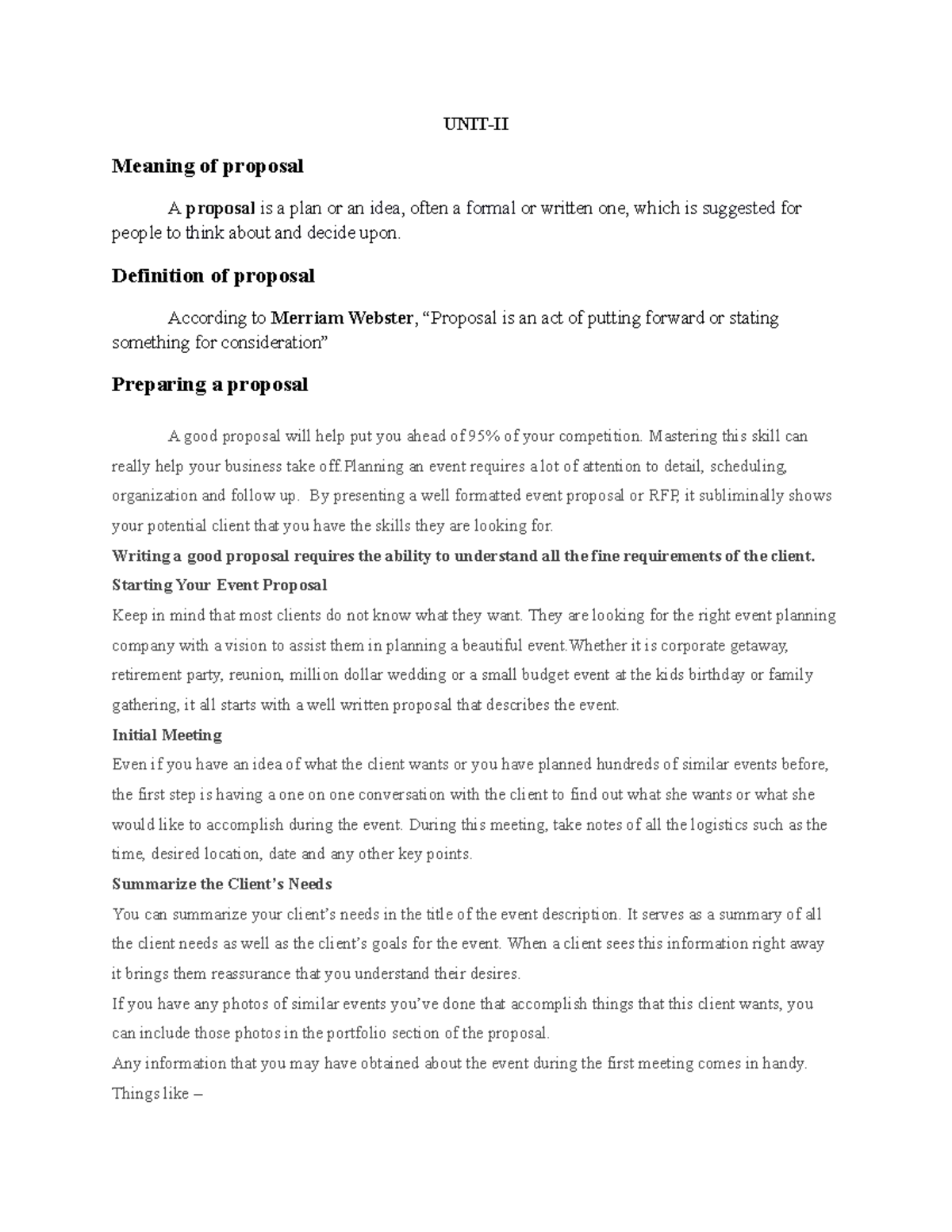 UNIT 2 - UNIT-II Meaning of proposal A proposal is a plan or an idea ...