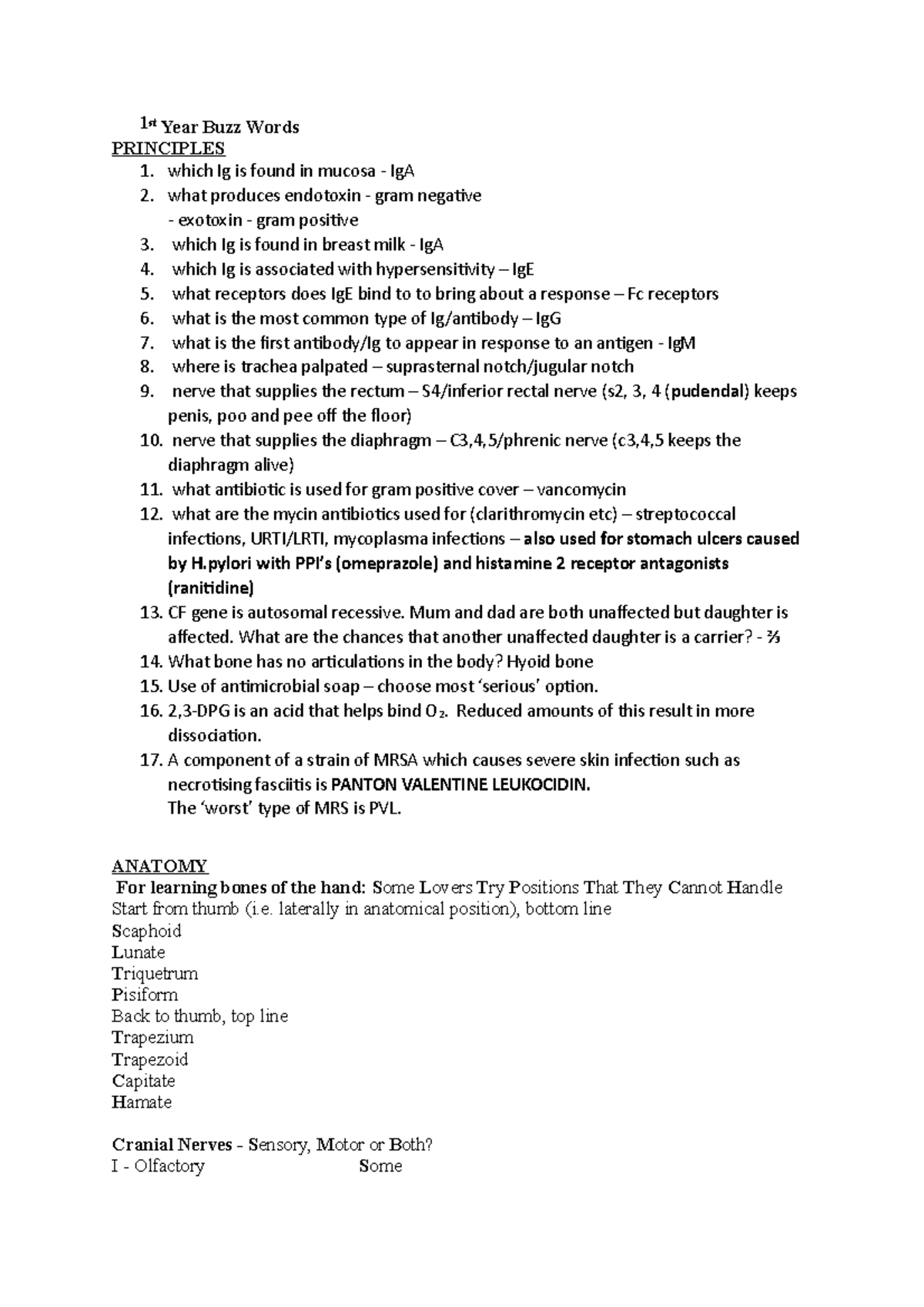 Buzzwords bible - 1 st Year Buzz Words PRINCIPLES 1. which Ig is found ...