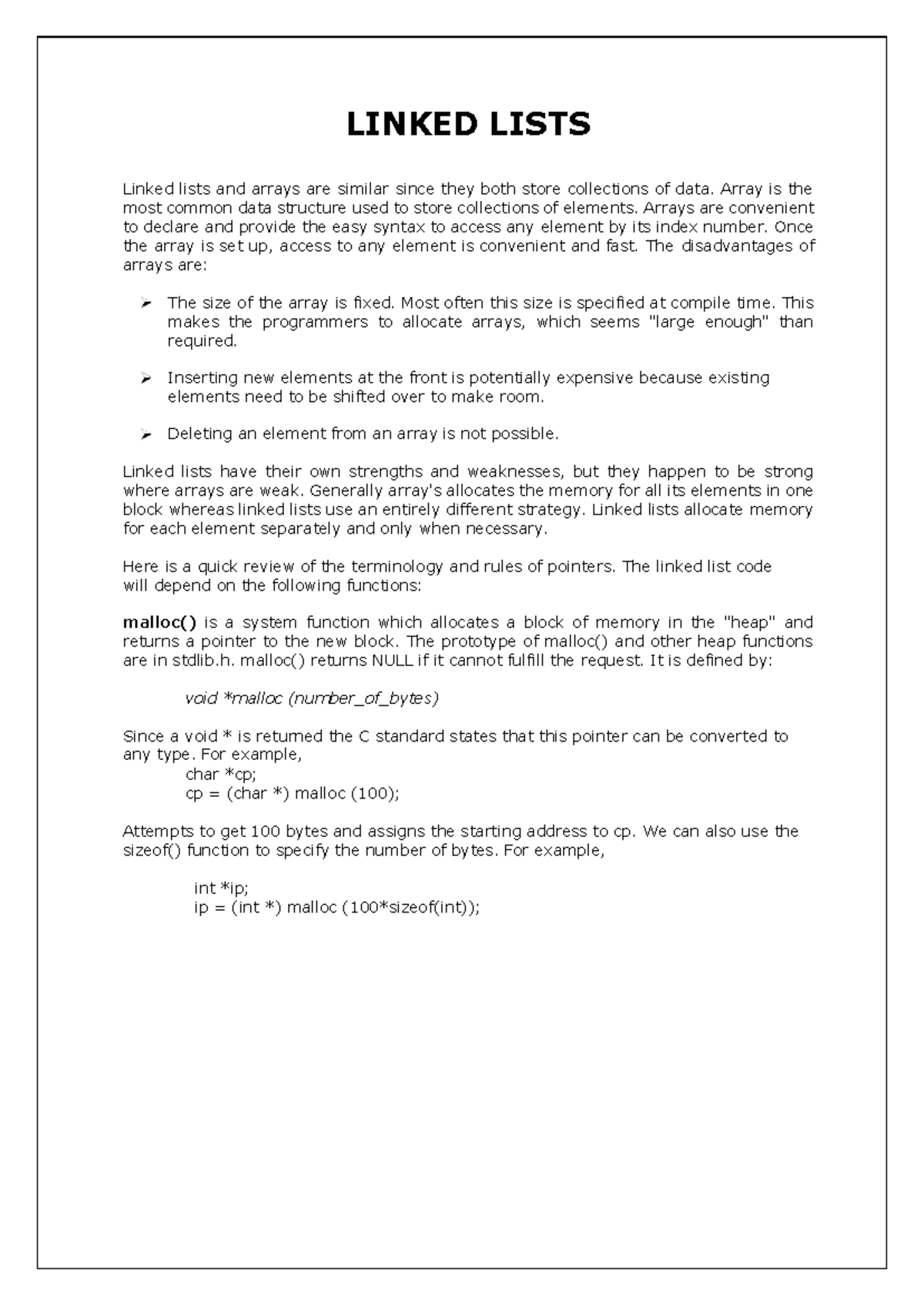 Unit-2 linked list - LINKED LISTS Linked lists and arrays are similar since they both store ...