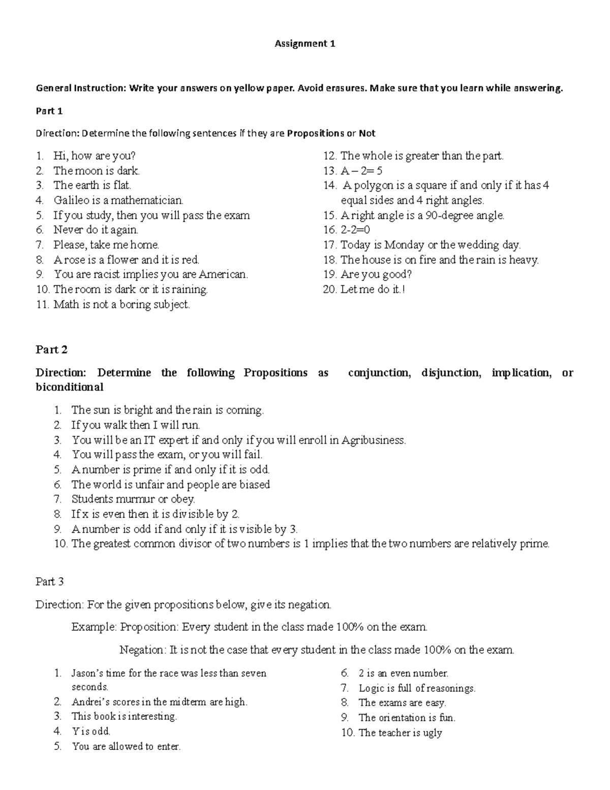 Logic-Assignment-1 - THis is for free - Assignment 1 General Instruction: Write your answers on ...
