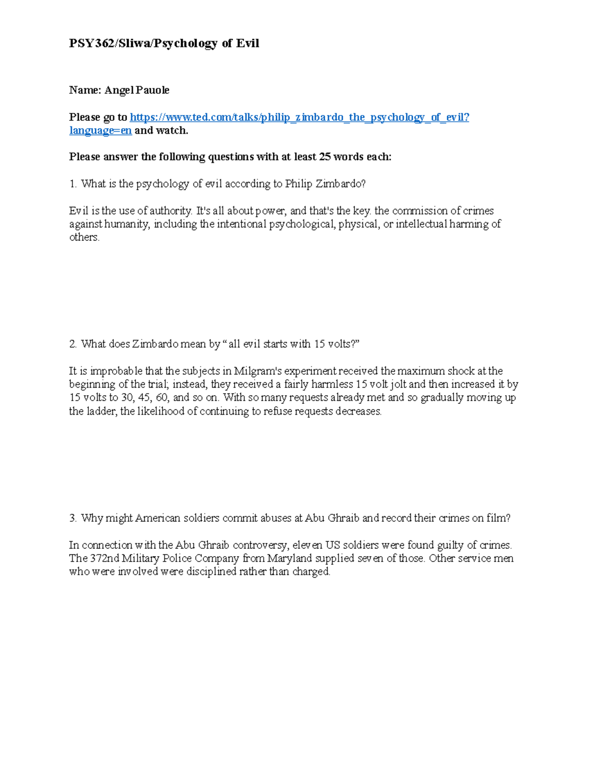 Psychology Of Evil - homework - PSY362/Sliwa/Psychology of Evil Name ...