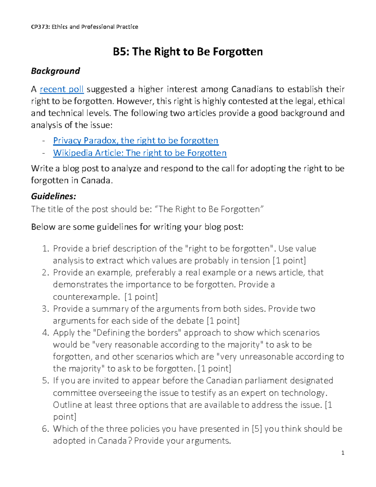 B5 The right to be forgotten CP373 - CP373: Ethics and Professional ...