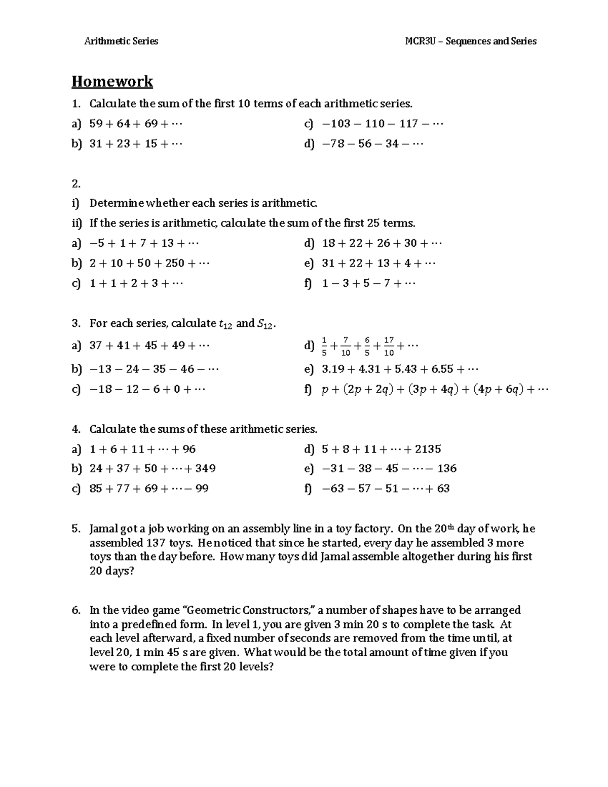 7-2 Arithmetic Geometric Series’ Homework - 5 - Arithmetic Series MCR3U ...