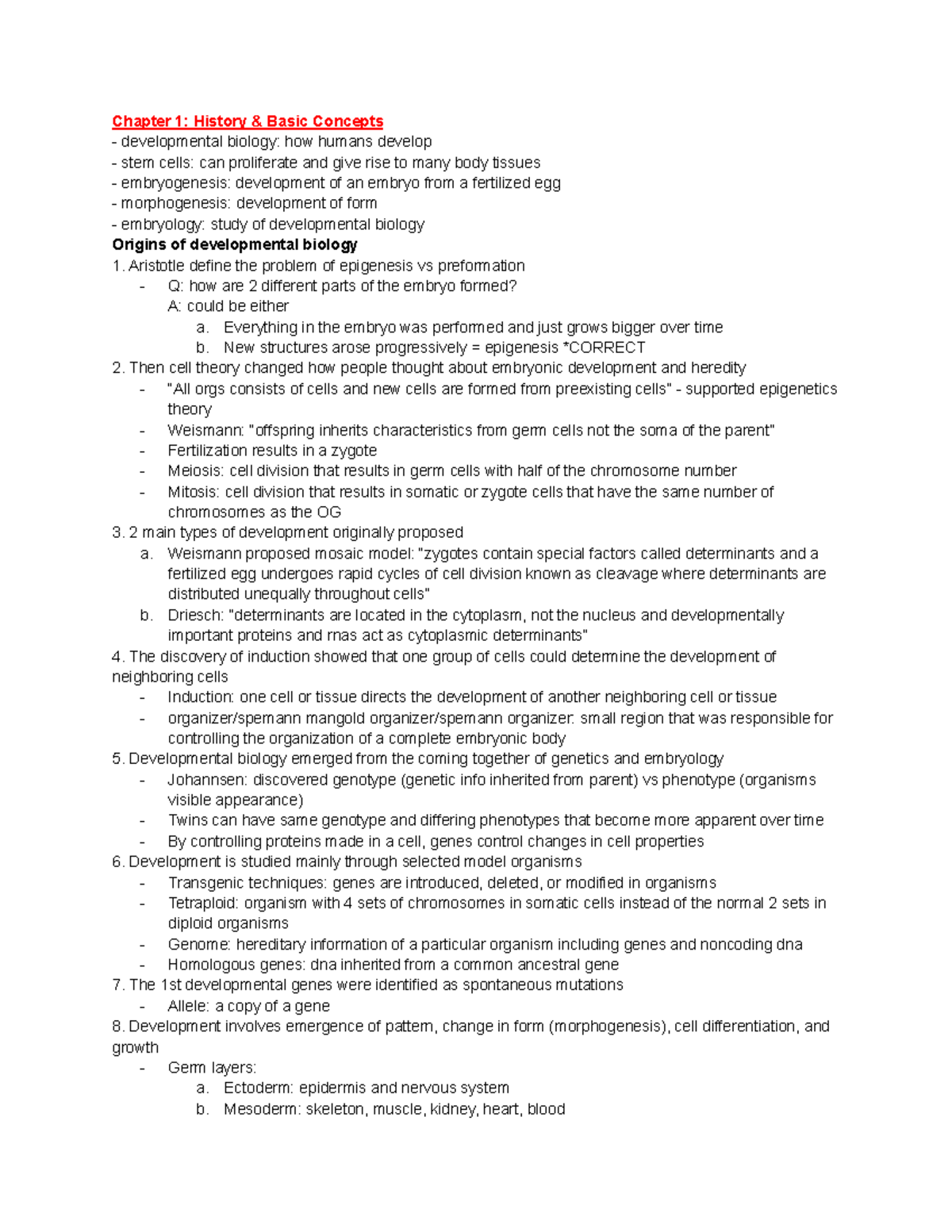 Developmental biology chapter summaries MT1 - Chapter 1: History ...