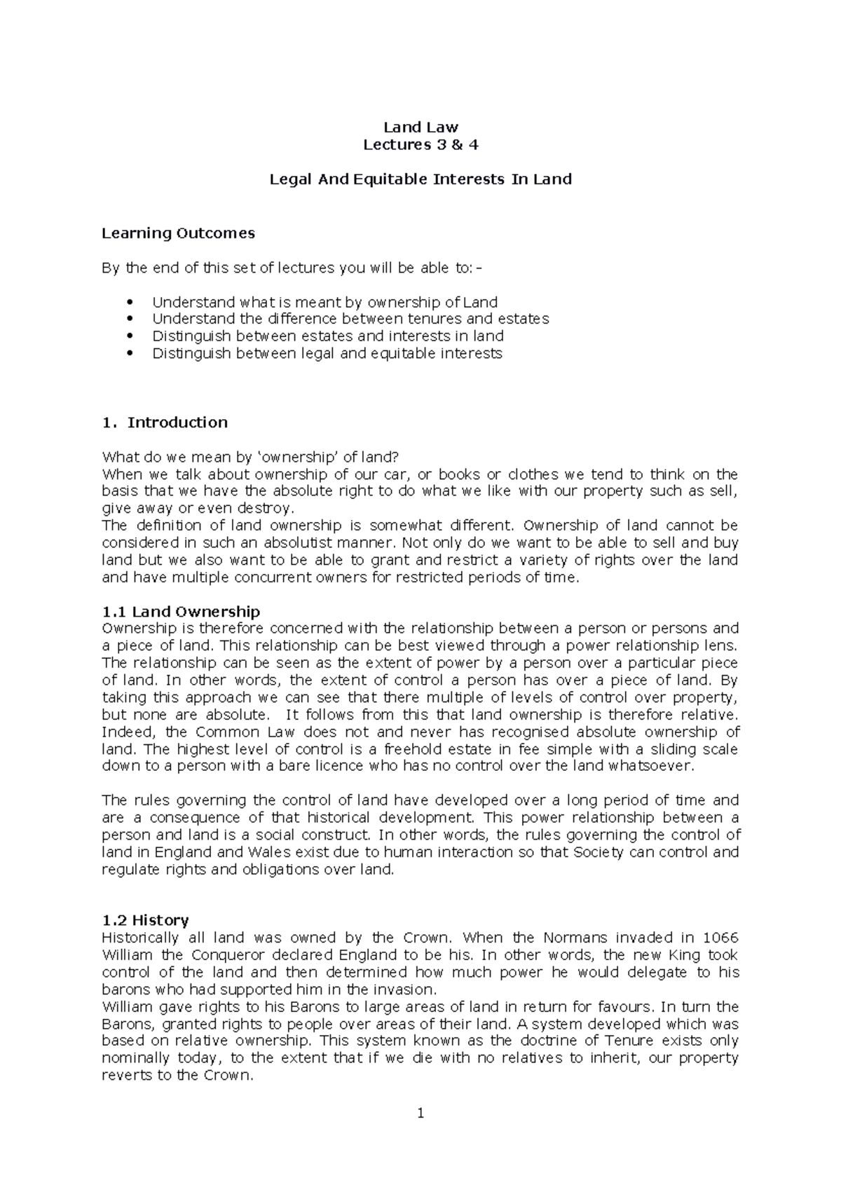 Lectures 3 & 4 - Outline - Legal and Equitable Interests - Land Law ...