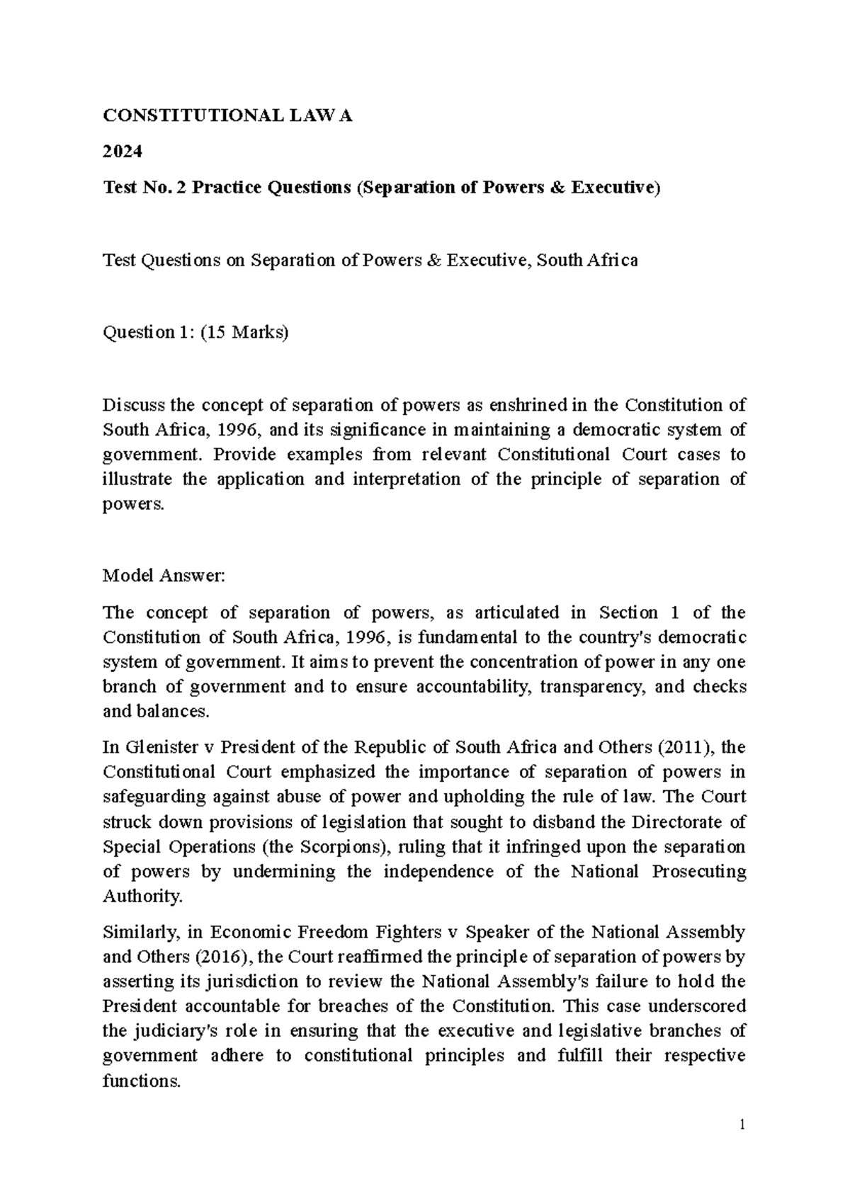 Constitutional LAW A Practice Questions (Separation of powers & the ...