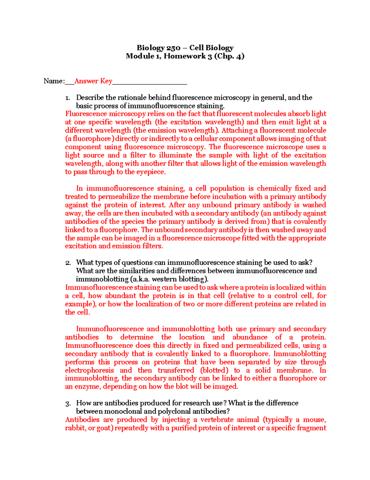 Module 1 Homework 3 Answer - Biology 250 – Cell Biology Module 1 ...