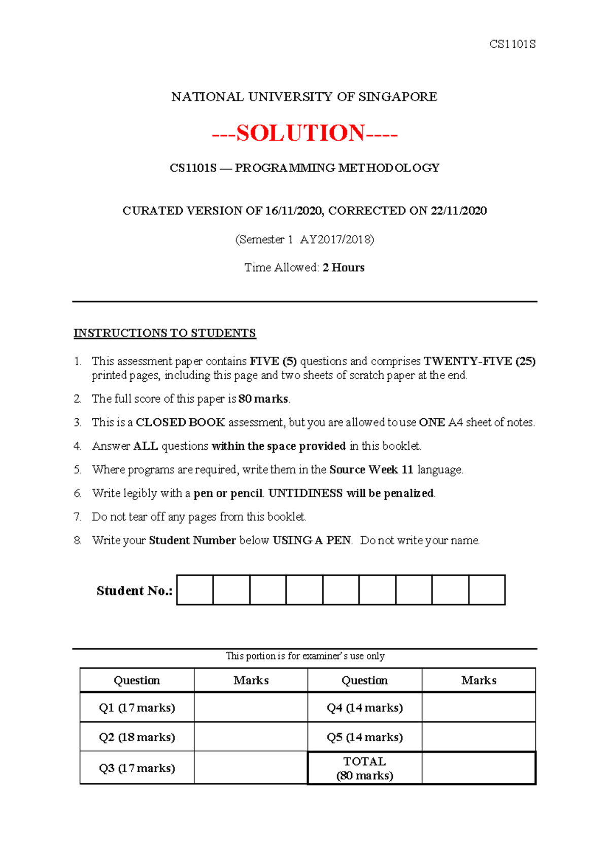 Exam 2017, answers - NATIONAL UNIVERSITY OF SINGAPORE -SOLUTION- CS1101S — PROGRAMMING ...
