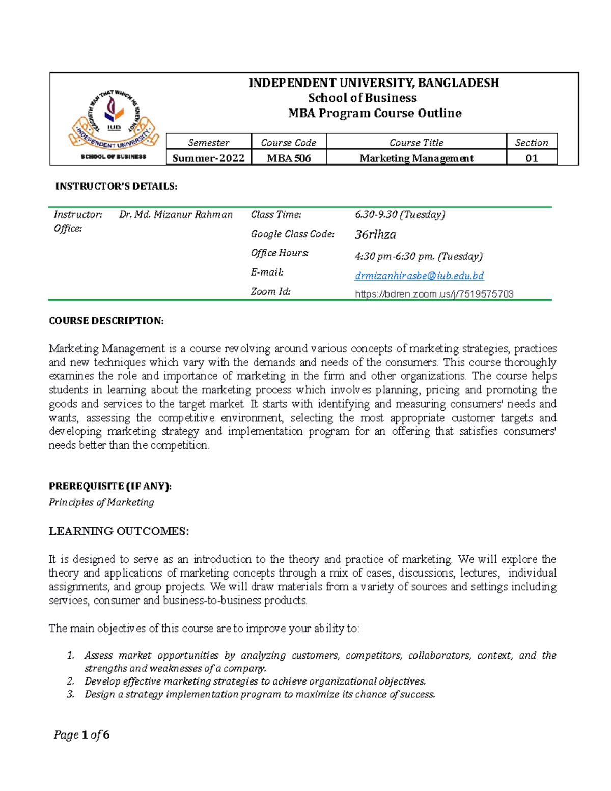 IUB, MBA-506, MKT Management, Summer-2022 - INDEPENDENT UNIVERSITY ...