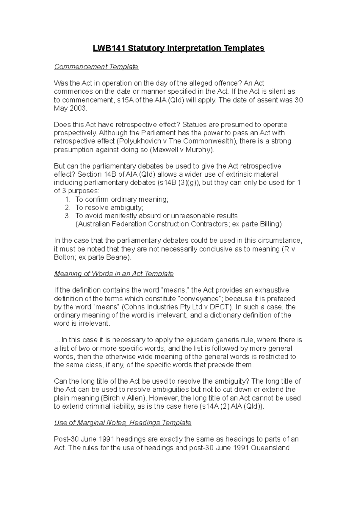 VERY OLD Statutory Interpretation Templates - LWB141 Statutory ...
