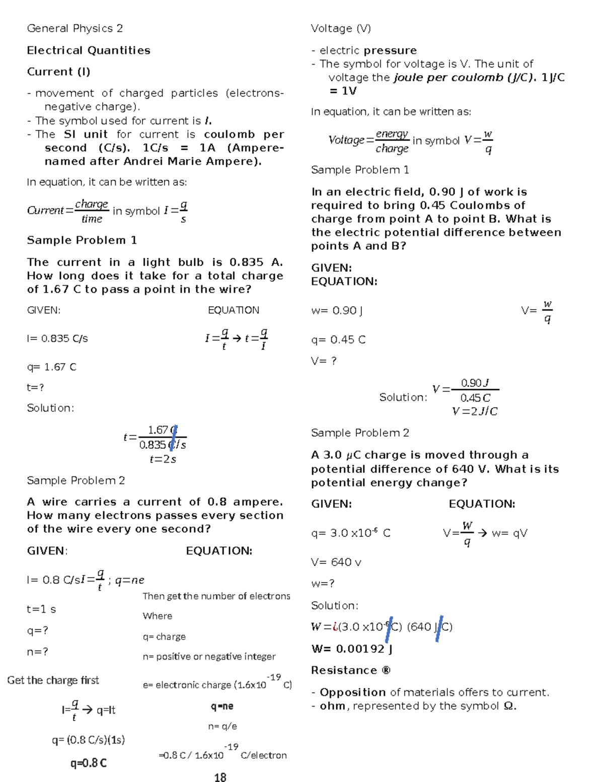 General Physics 2 Reviewer - General Physics 2 Electrical Quantities ...