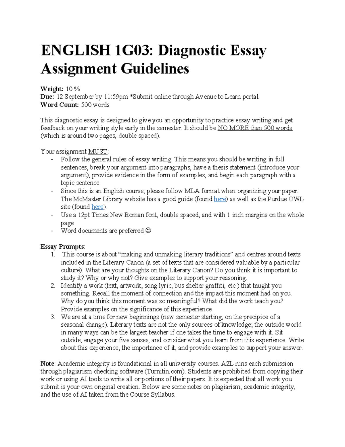 English 1G03-Diagnostic Essay-Guidelines and Rubric 2023 - ENGLISH 1G03 ...