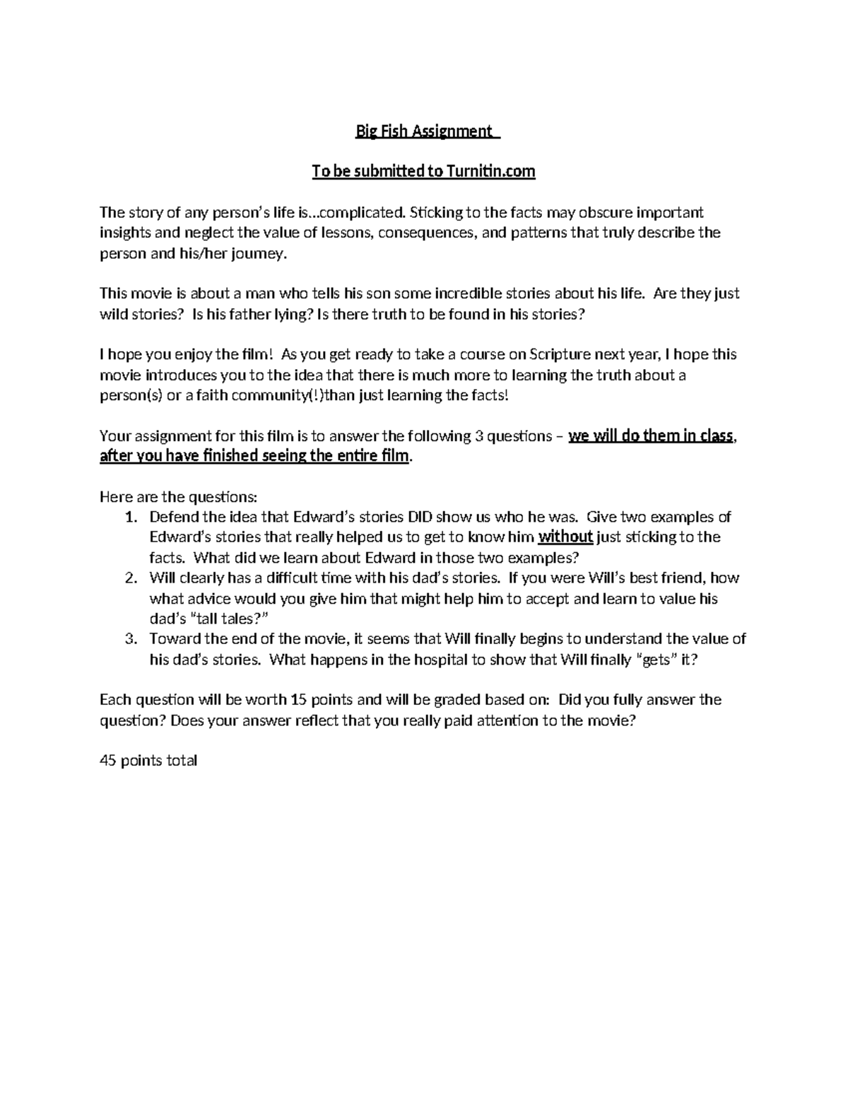 Big Fish Assignment Revised 2023 - Big Fish Assignment To be submitted ...