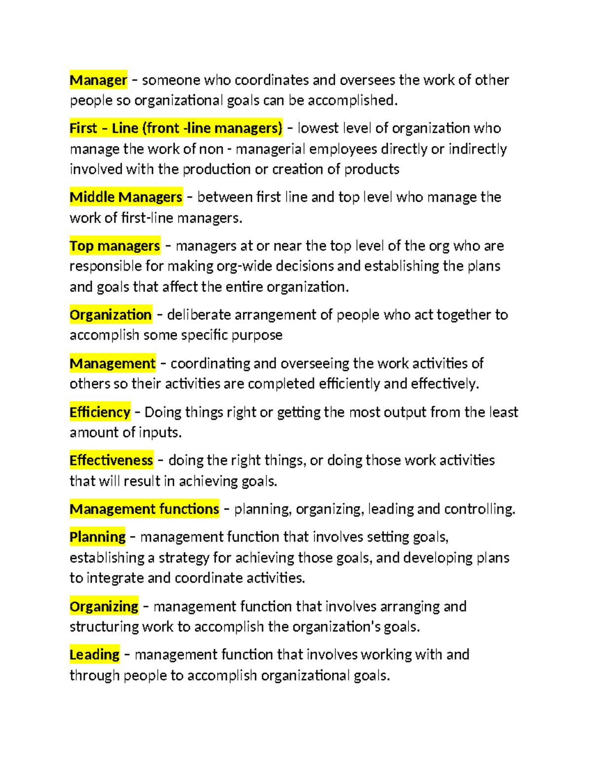 Chapter 1 Notes - Management - Manager – someone who coordinates and ...